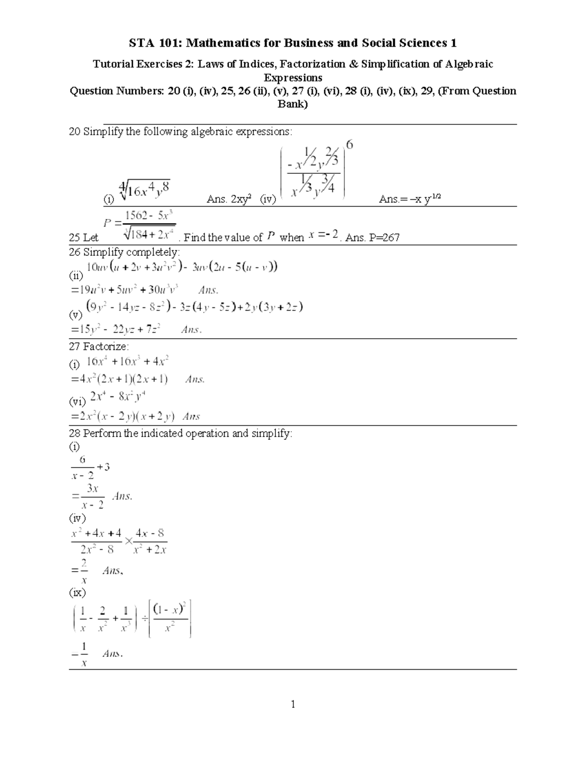 T 2-Ch 1 Indices etc-Question- STA 101 - STA 101: Mathematics for ...