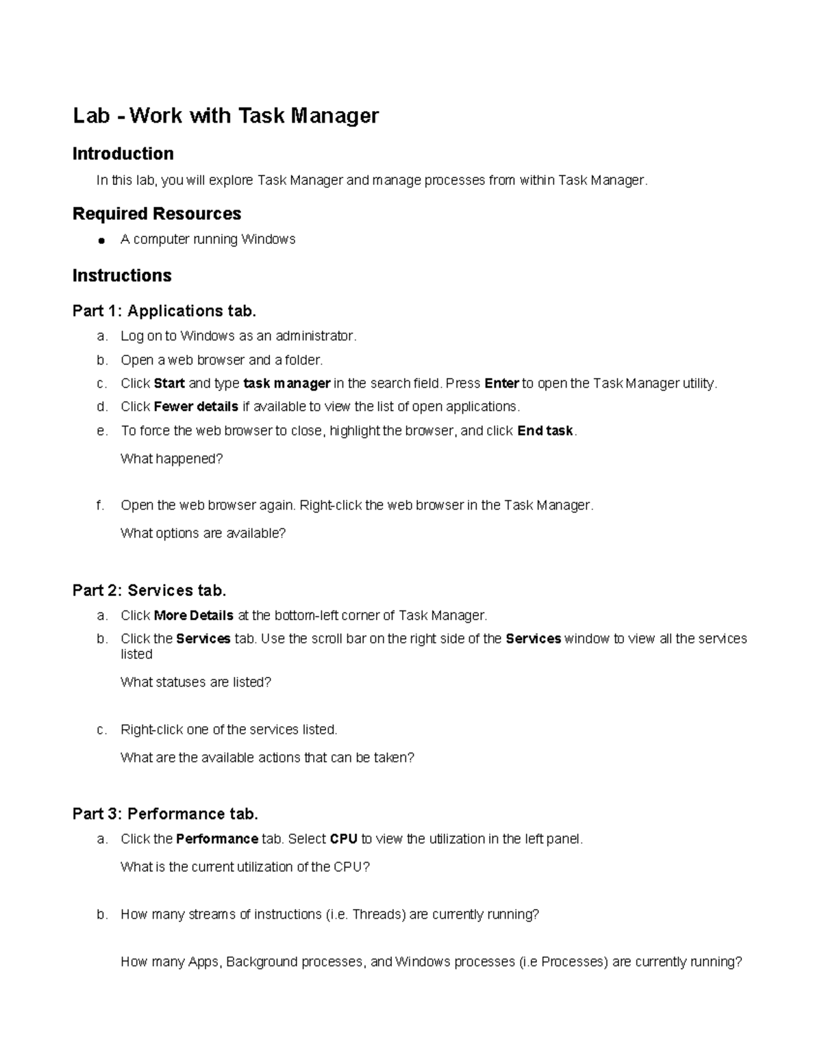 1.1 Lab - Work with Task Manager - Lab - Work with Task Manager Introduction In this lab, you ...