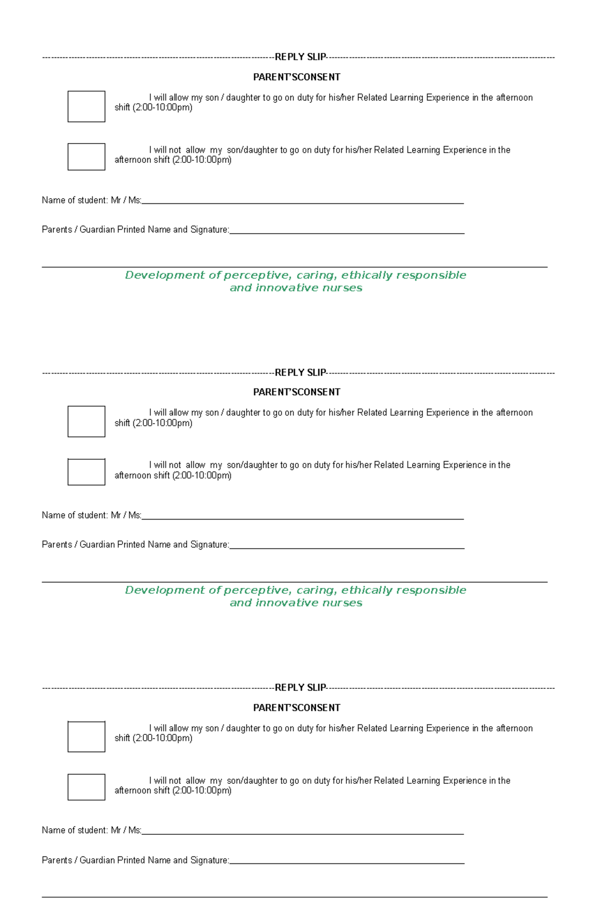 Reply slips -REPLY SLIP- PARENT’SCONSENT I will allow my son / daughter ...