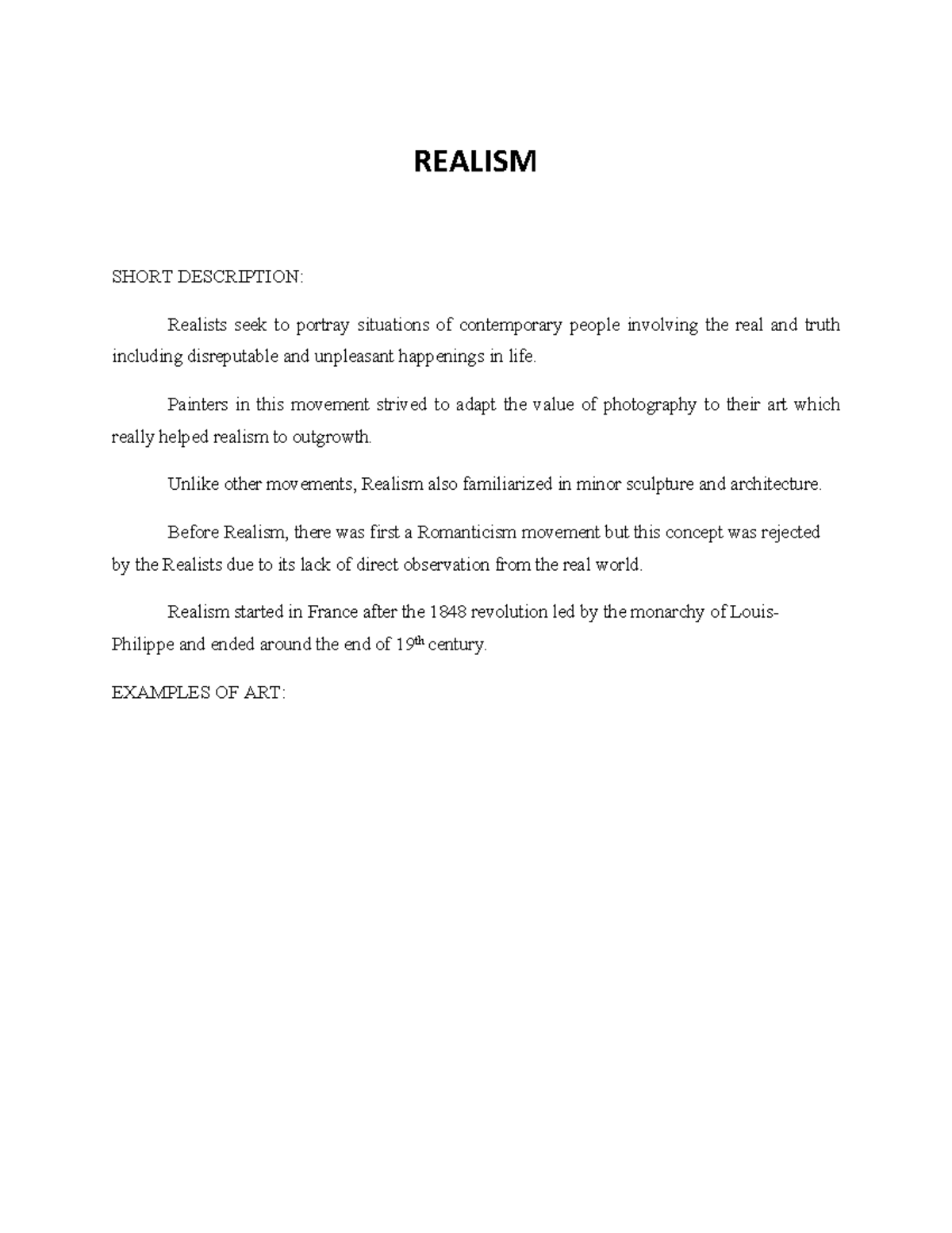 ART1100_Realism - REALISM SHORT DESCRIPTION: Realists seek to portray ...