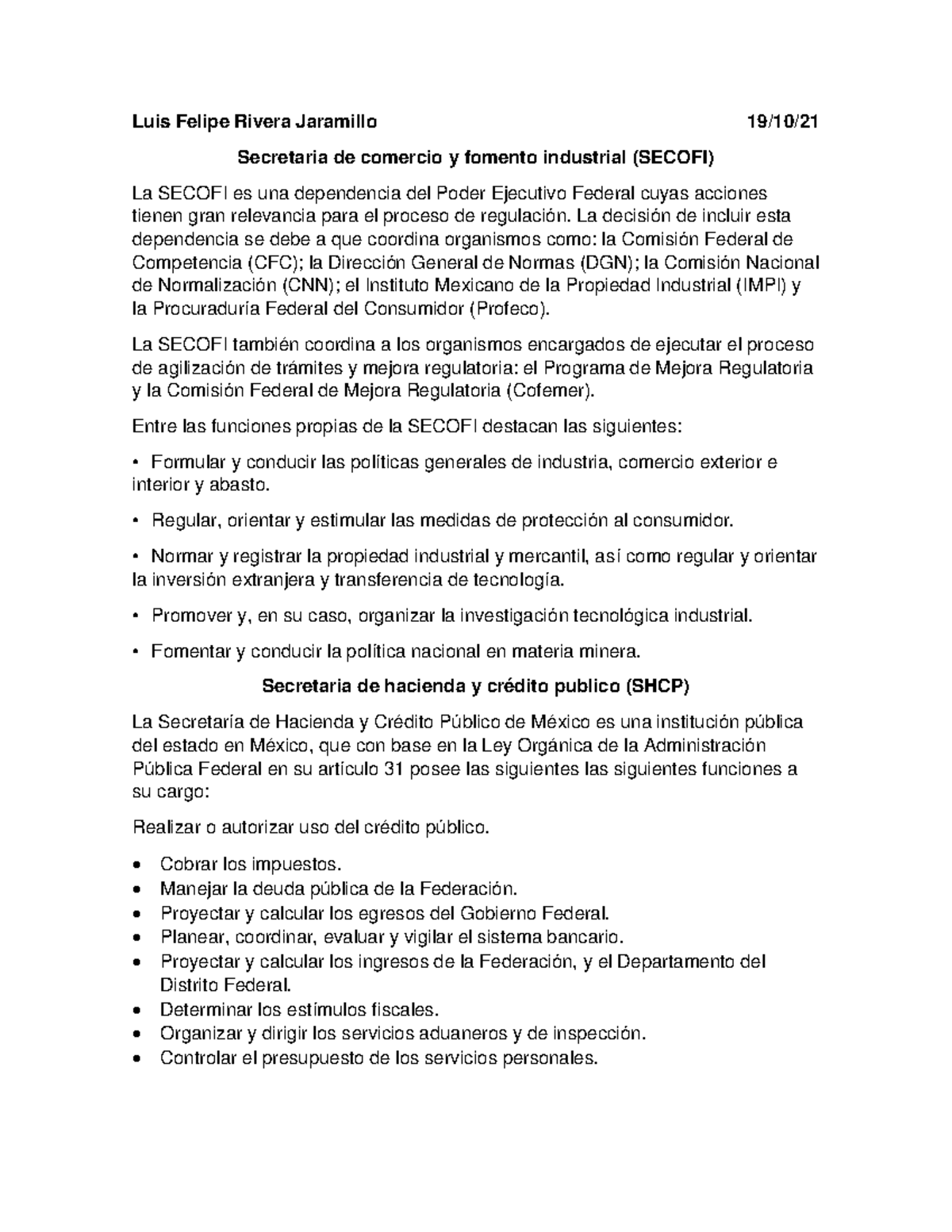 Secofi y SHCP 1425142 - Luis Felipe Rivera Jaramillo 19/10/ Secretaria ...