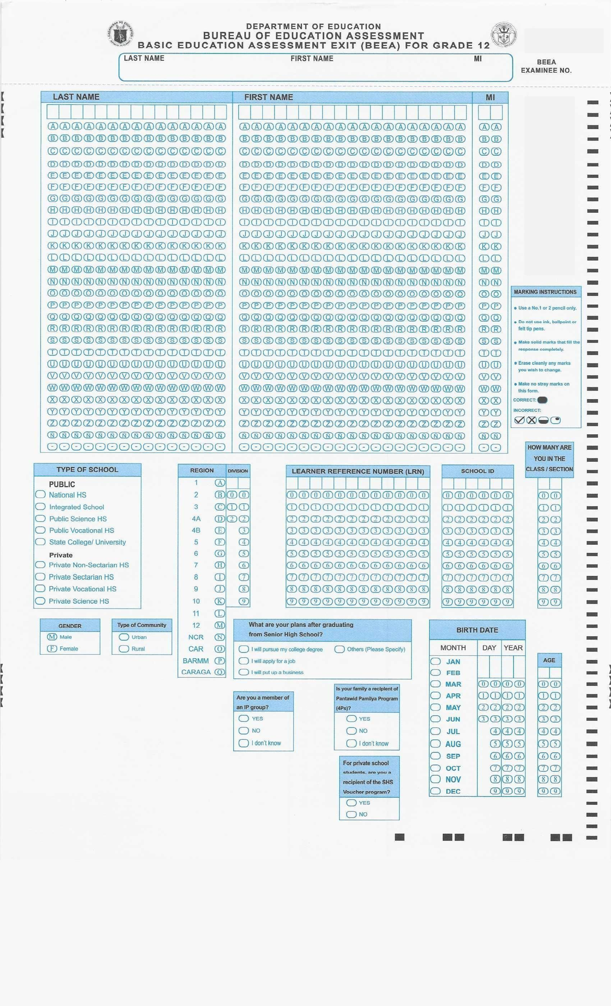 NAT G12 Answer Sheet - For Reference - Bachelor of Science in ...
