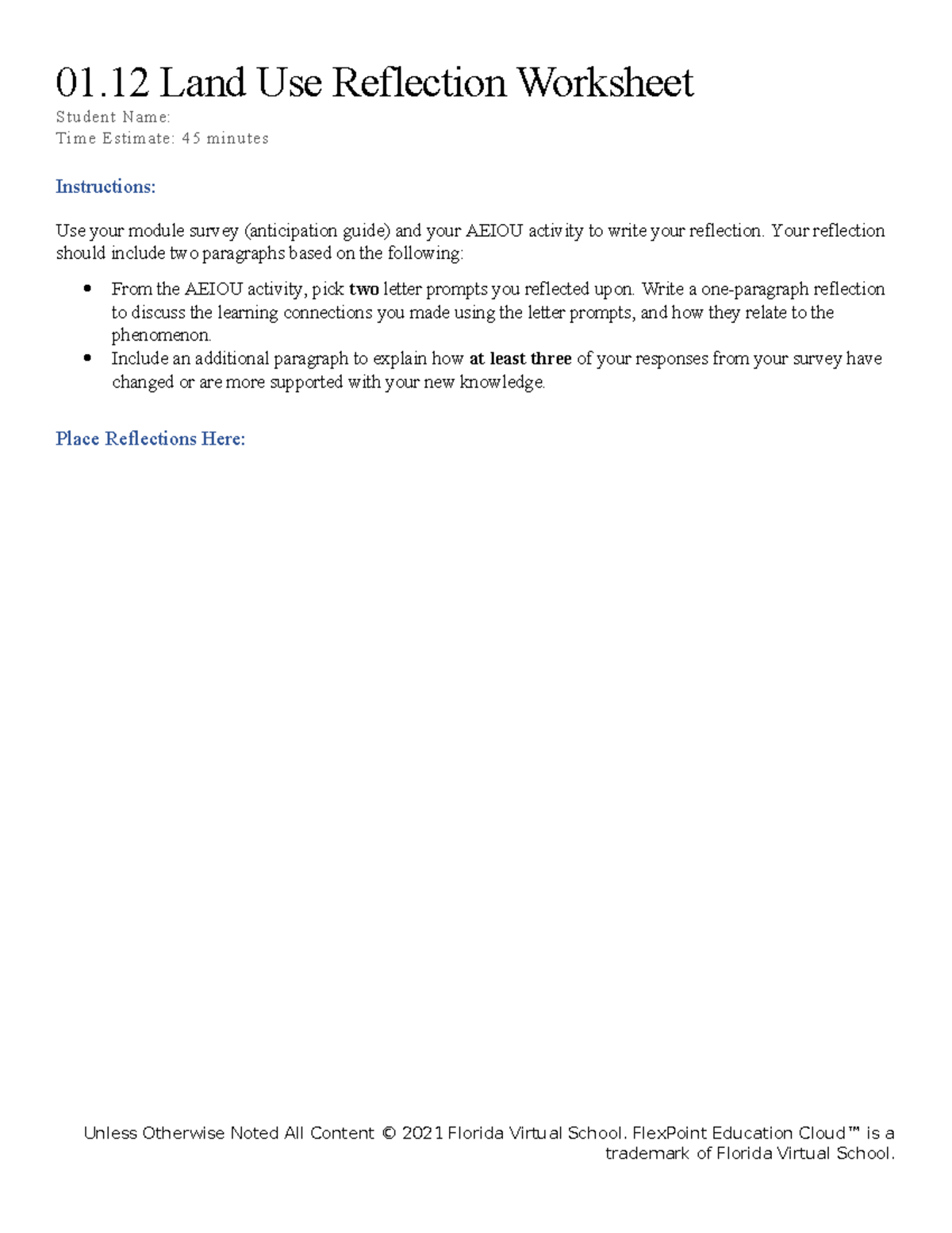 01 12 reflection worksheet - 01 Land Use Reflection Worksheet Student Name: Time Estimate: 45 ...