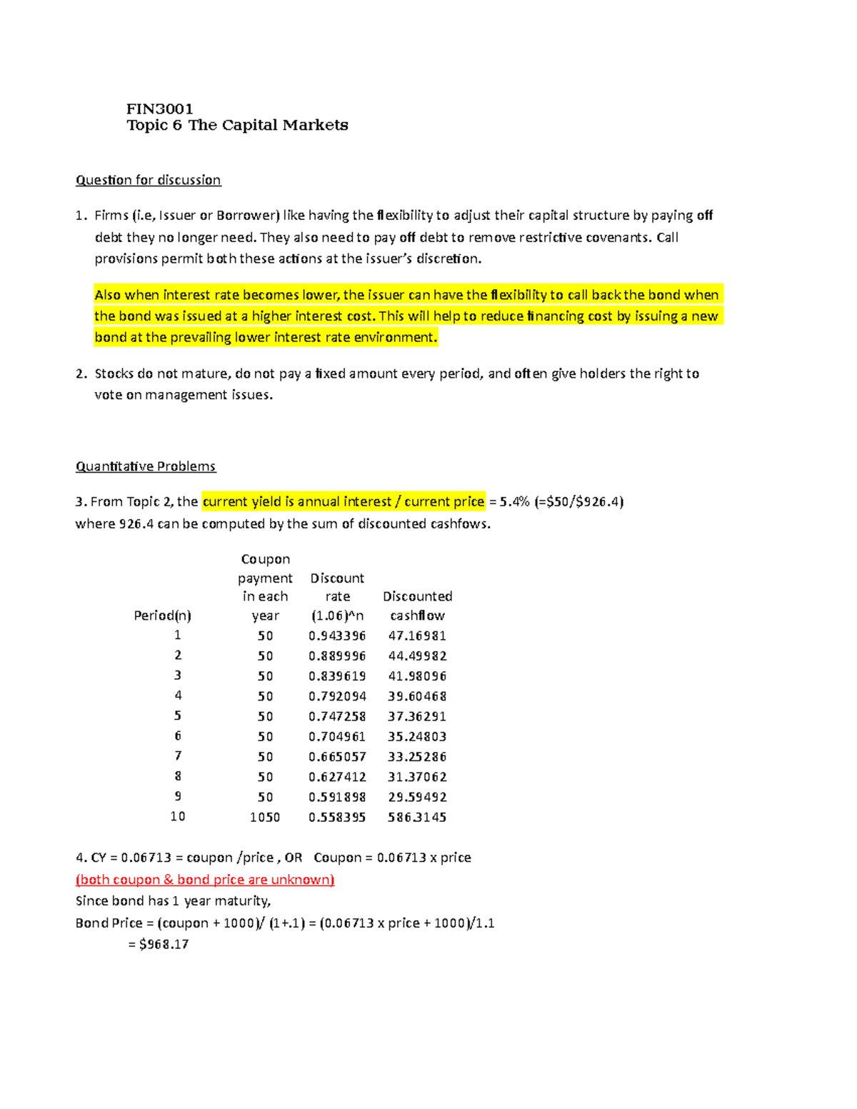 FIN3001 06 Tutorial Answers - FIN Topic 6 The Capital Markets Question for discussion Firms (i ...