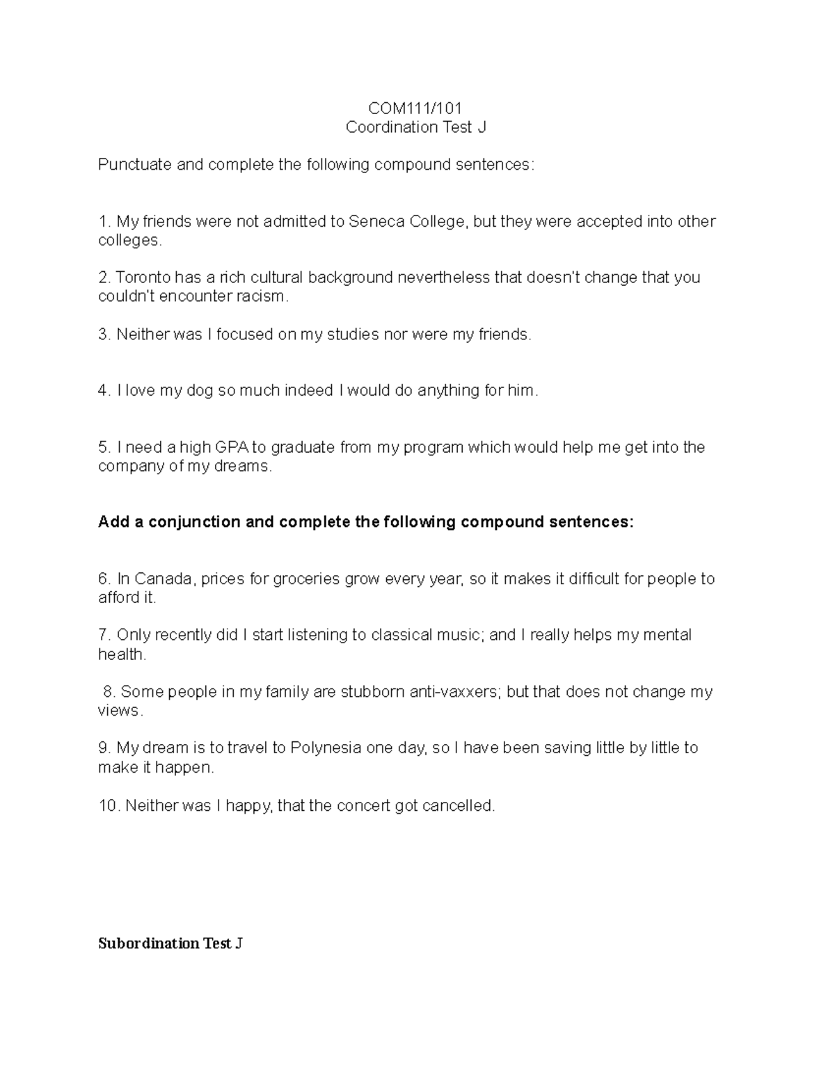 Assignment #1-Conjunctions - COM111/ Coordination Test J Punctuate and ...