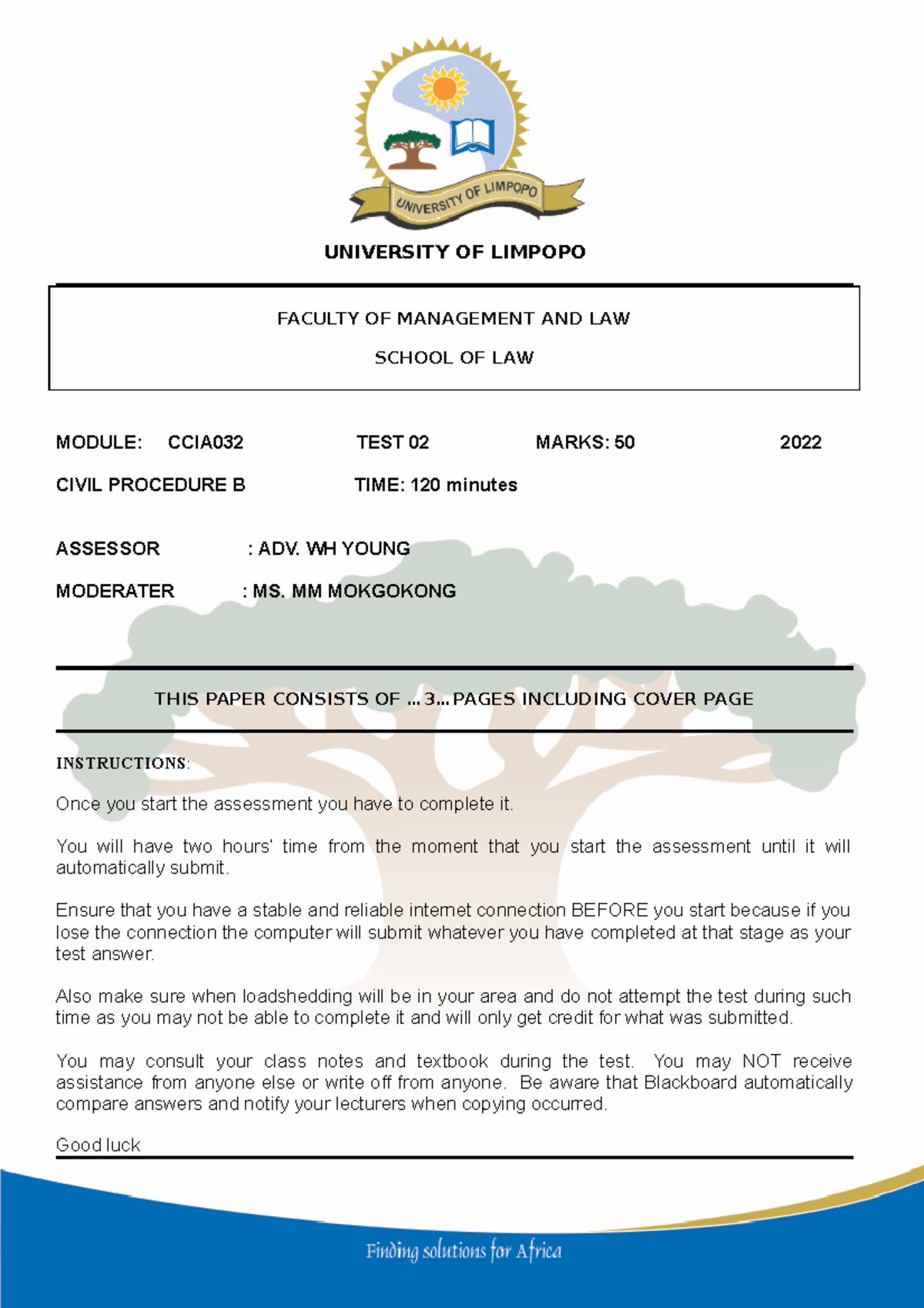 Test 2 2022-1 - Question paper - UNIVERSITY OF LIMPOPO FACULTY OF ...