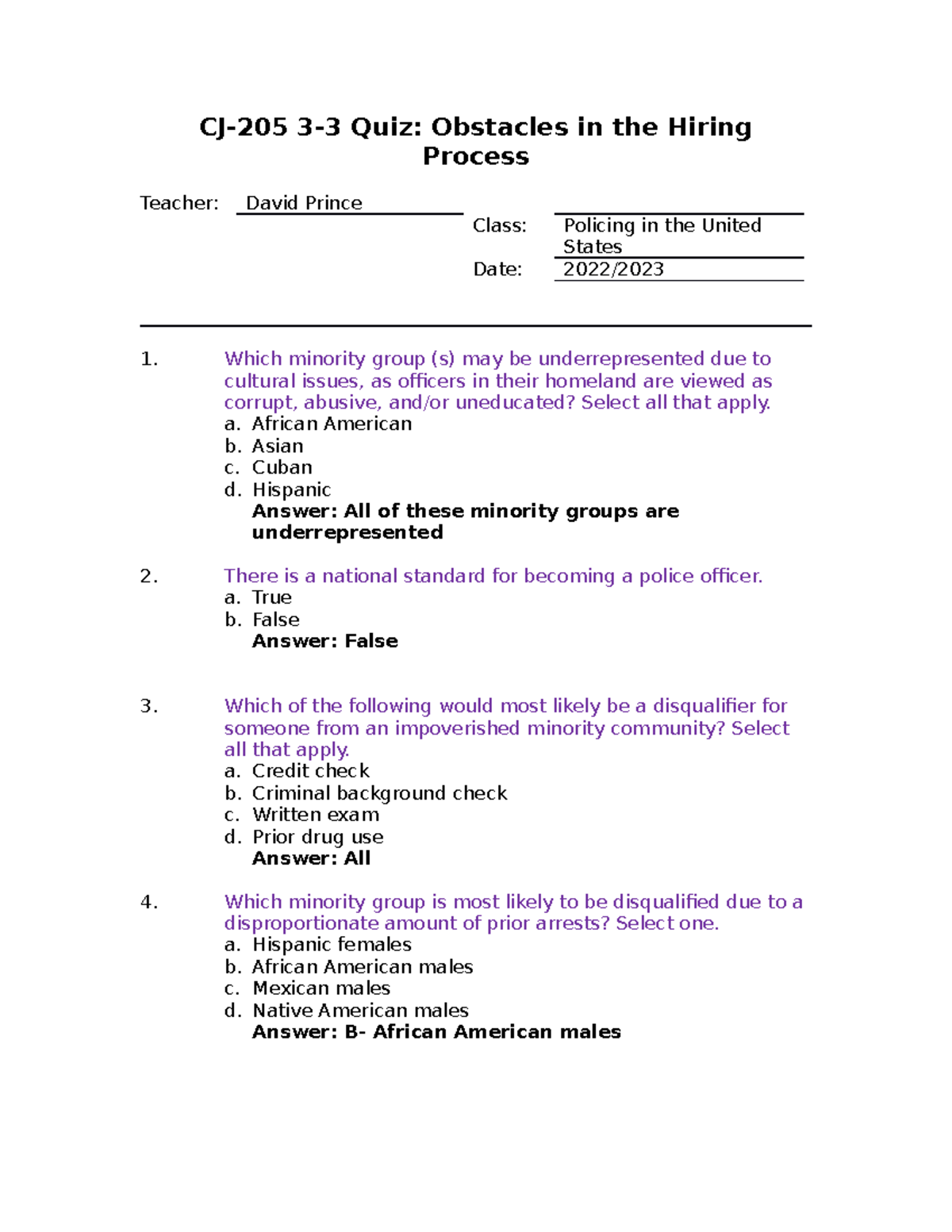 CJ 205 3-3 Quiz Obstacles in the Hiring Process - CJ-205 3-3 Quiz: Obstacles in the Hiring ...