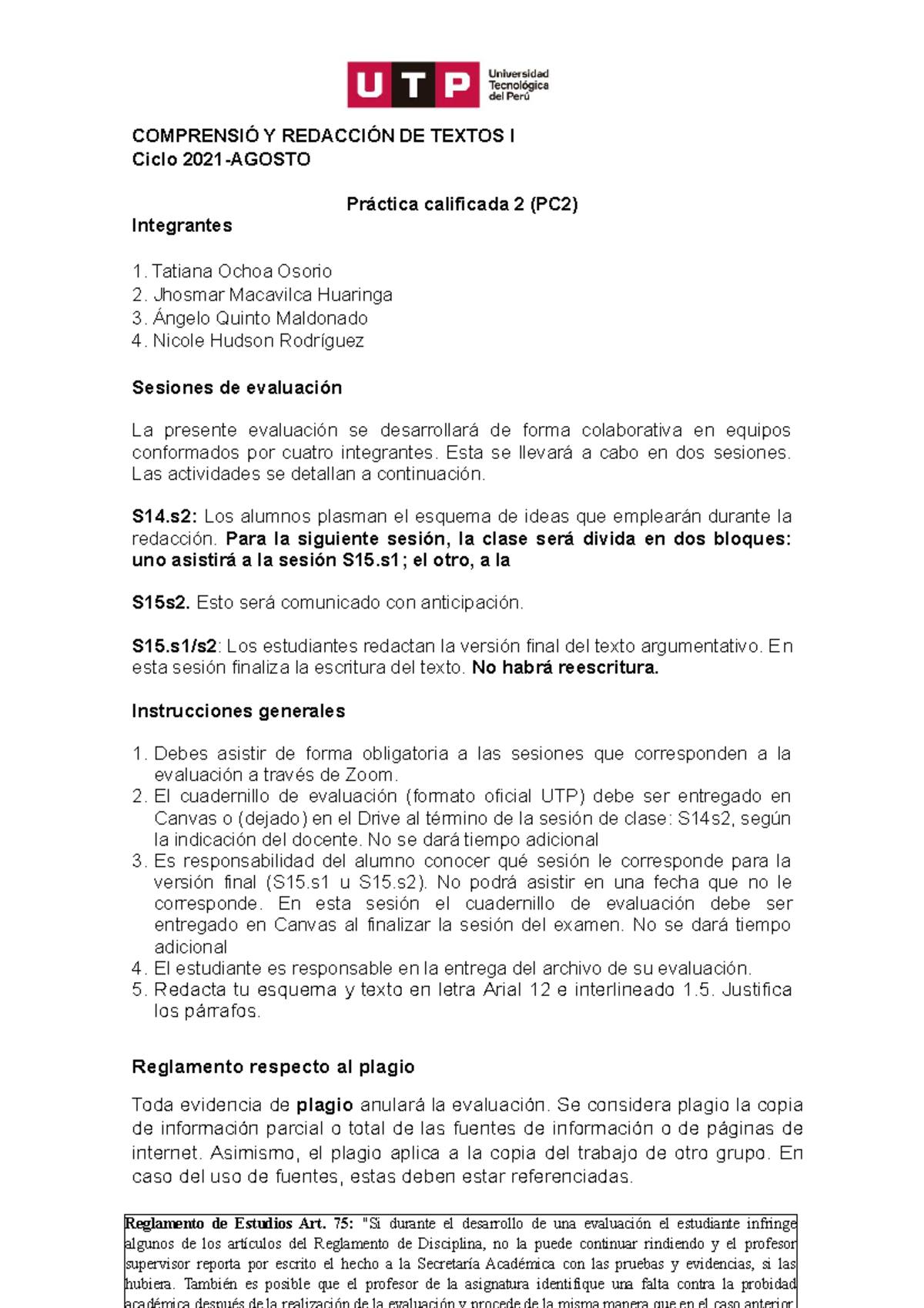 S14.s2 y S15 Práctica Calificada 2 (Formato oficial UTP) 2021-agosto - Reglamento de Estudios ...