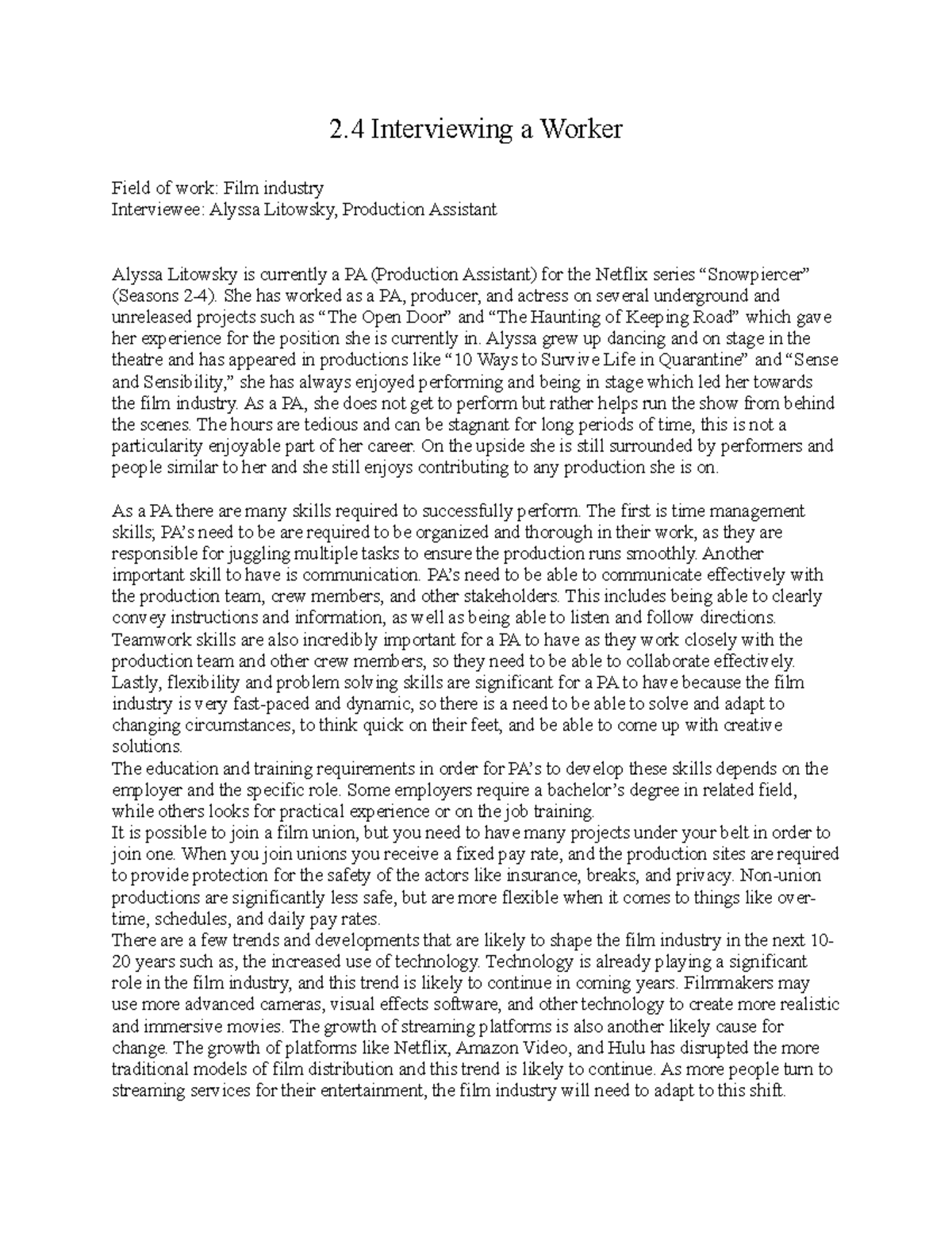 2.4 clc - Writing assignment - 2 Interviewing a Worker Field of work ...