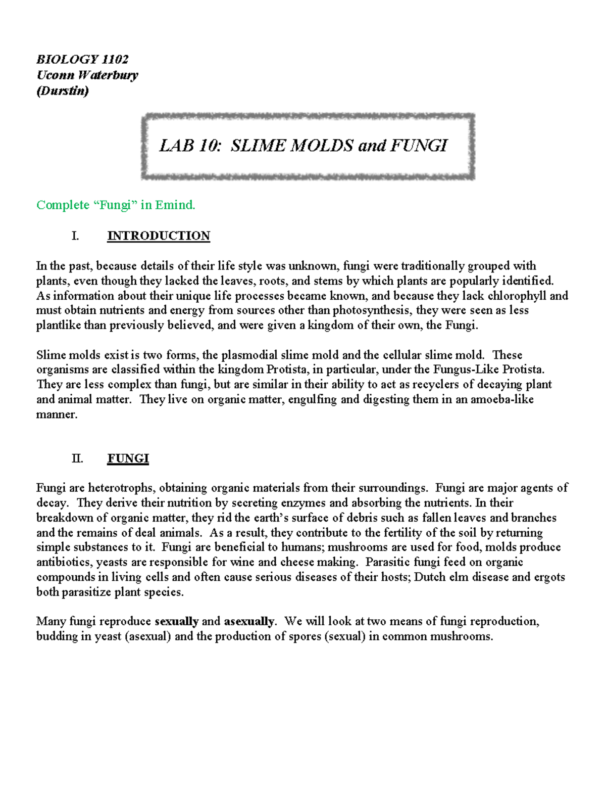 Lab10-Slime mold and Fungi Online Lab Activity - BIOLOGY 1102 Uconn ...