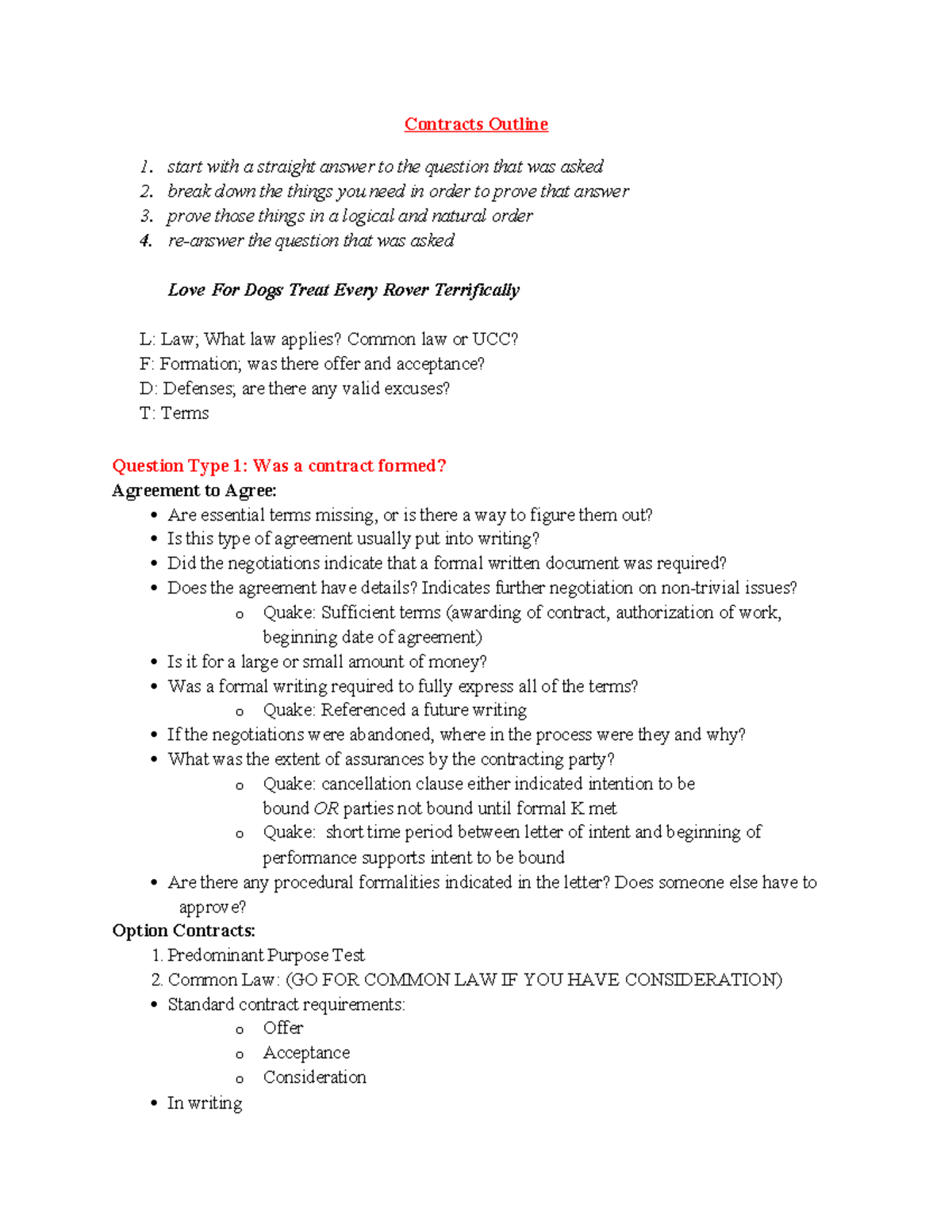 Contracts Outline - start with a straight answer to the question that was asked 2. break down ...