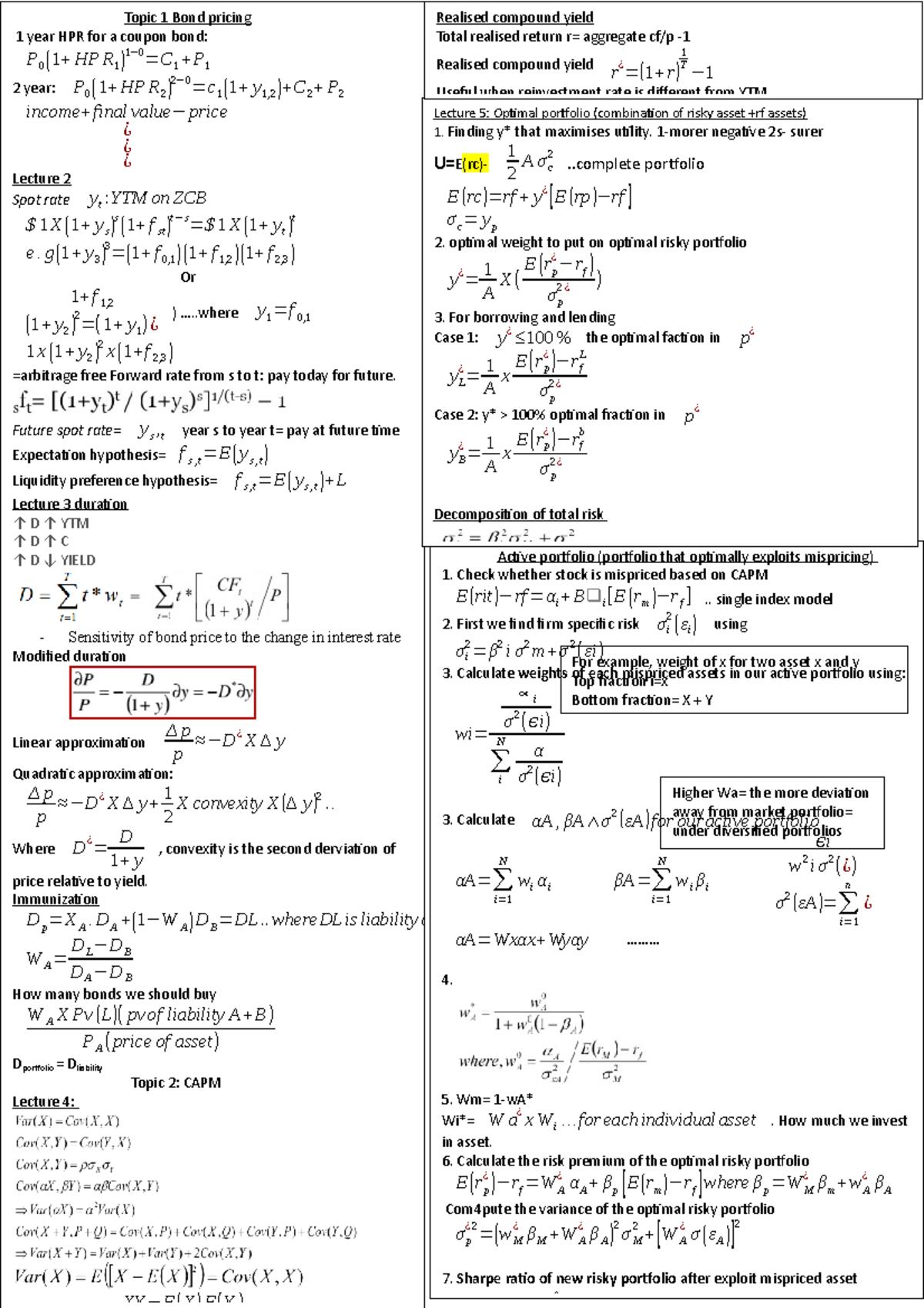 Final cheat sheet - Topic 1 Bond pricing 1 year HPR for a coupon bond ...