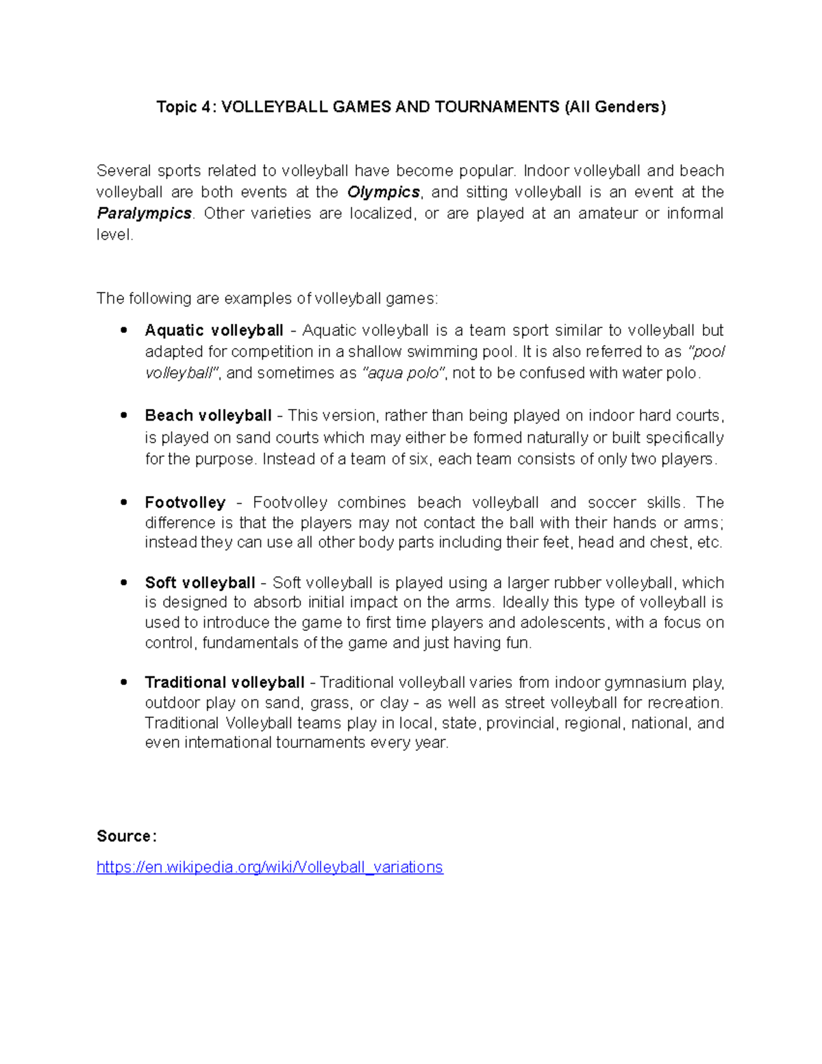 Topic 4 - Volleyball Games and Tournaments - Topic 4: VOLLEYBALL GAMES ...