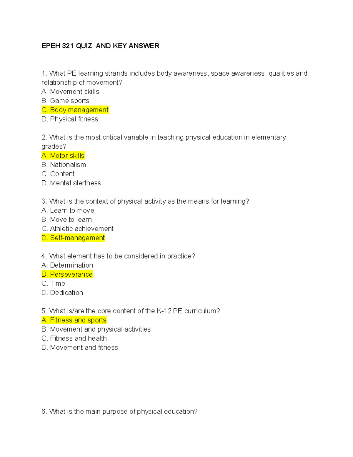 EPEH 321 QUIZ Midterm - Physical Education - EPEH 321 QUIZ AND KEY ...