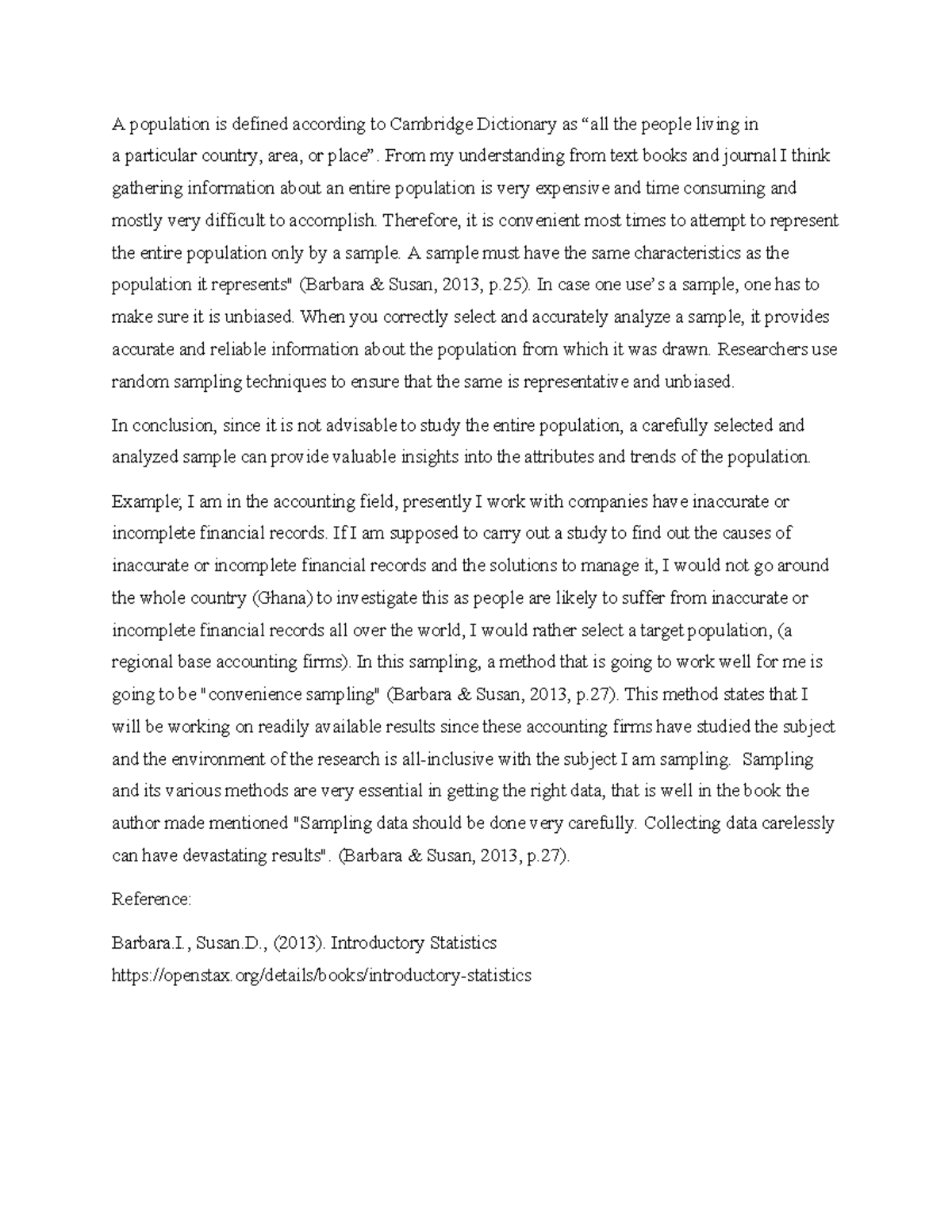 Intro to Stats.docx - A population is defined according to Cambridge ...