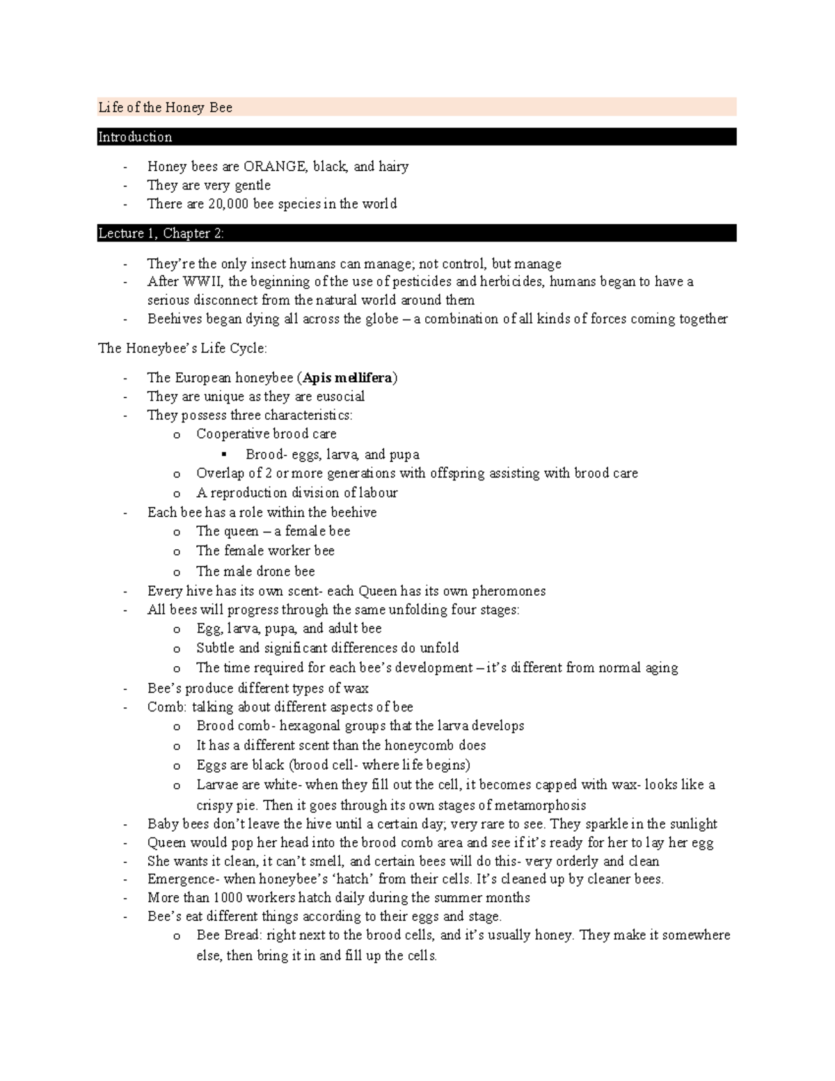 Life of the Honey Bee Notes - Life of the Honey Bee Introduction ...