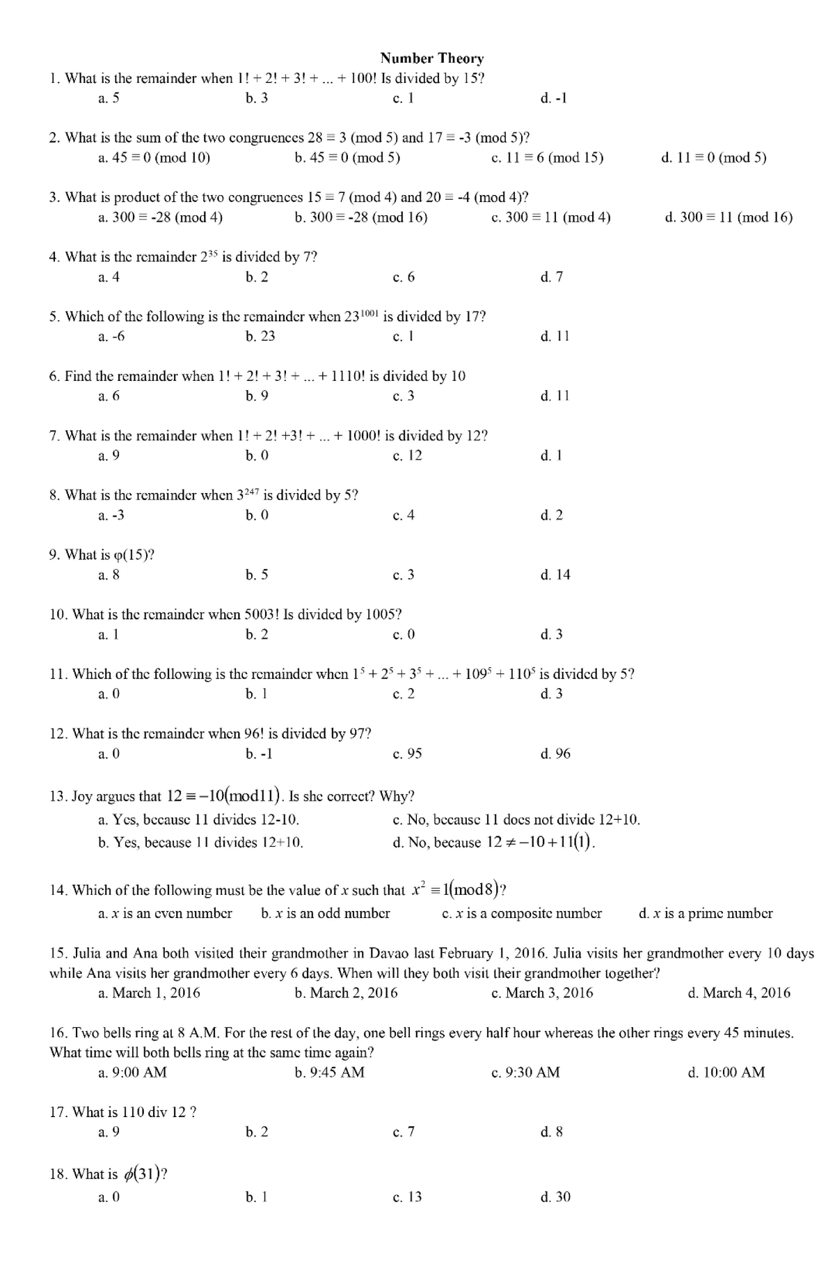 PDF 1723162621621 - Math notes - Number Theory 1. What is the remainder ...