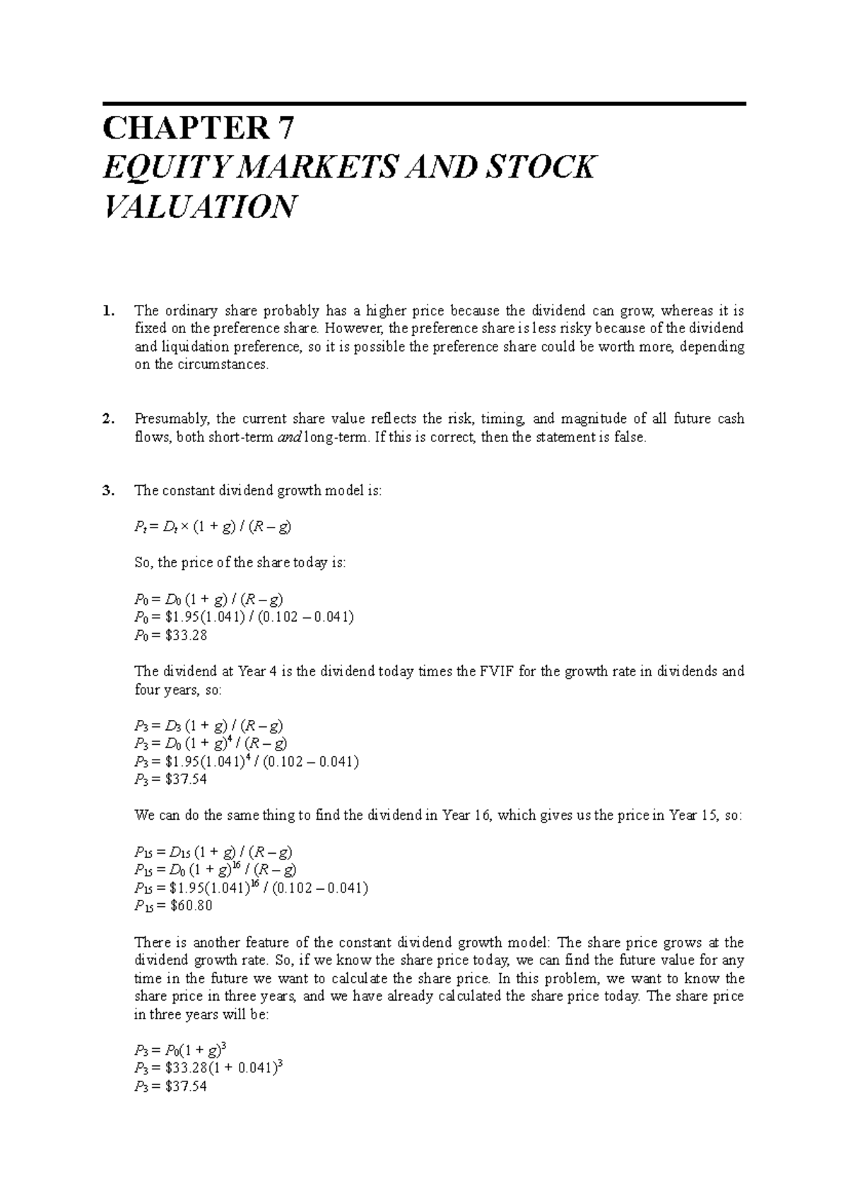 Tutorial 5 solution - CHAPTER 7 EQUITY MARKETS AND STOCK VALUATION 1 ...