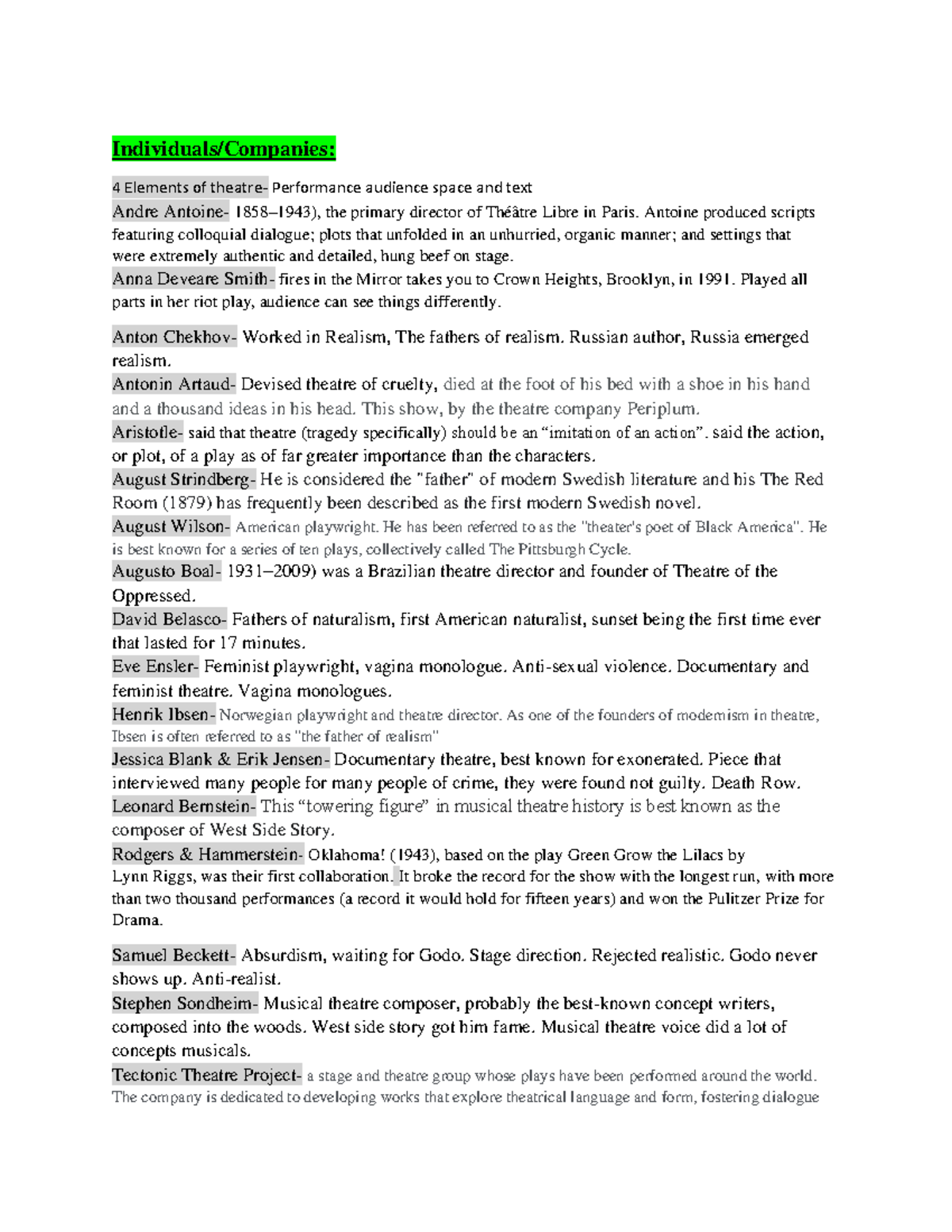 Theatre Exam 1 - Individuals/Companies: 4 Elements of theatre ...