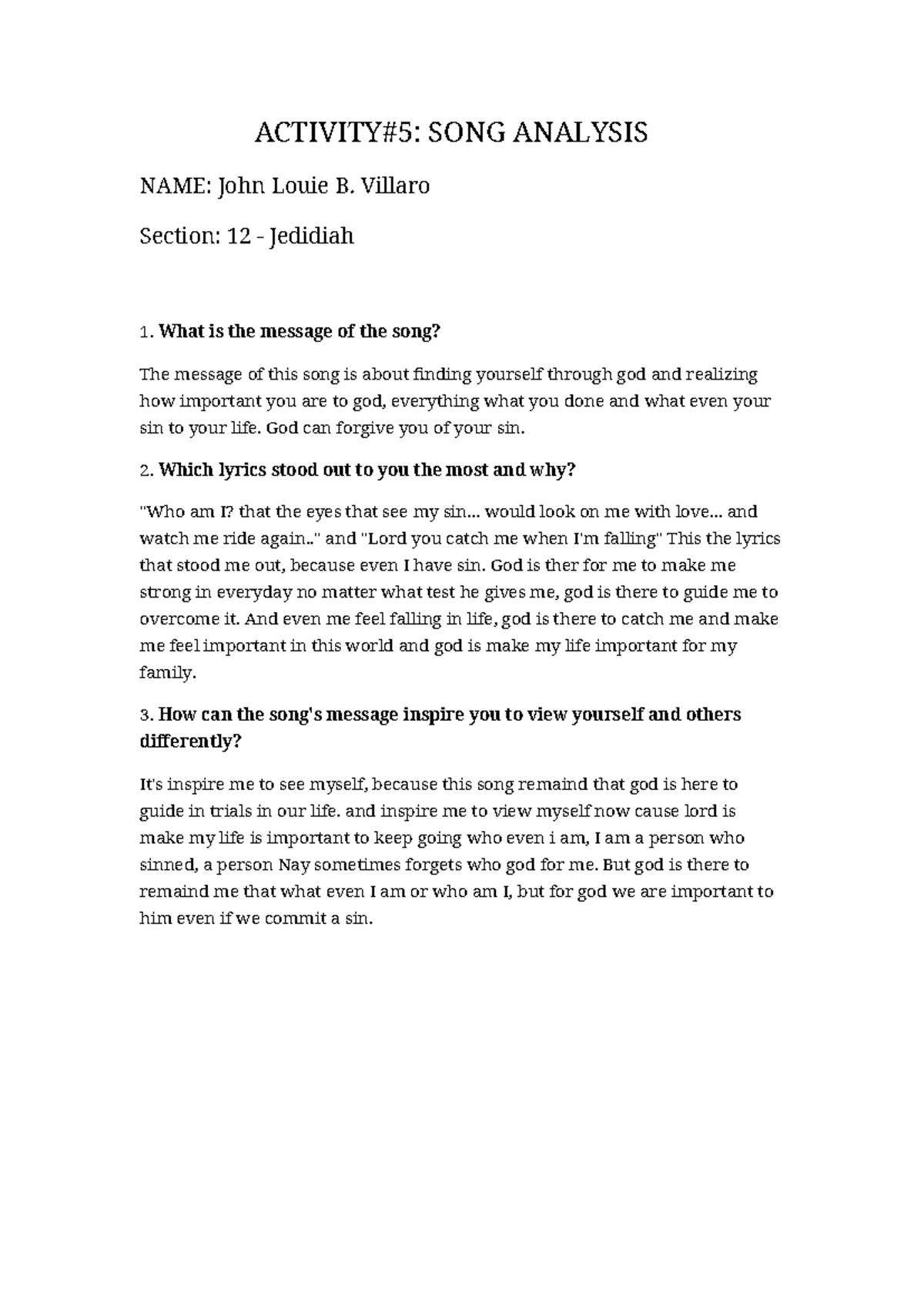 Activity#5 Song analysis - ACTIVITY#5: SONG ANALYSIS NAME: John Louie B ...