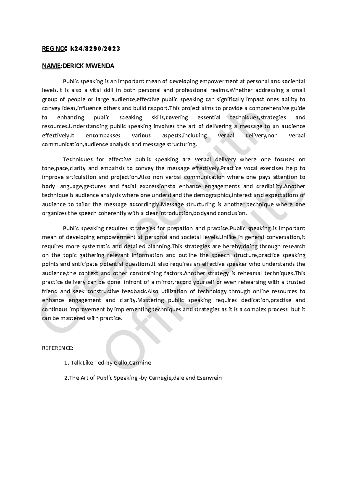 Mzee mzima pdf - UCU 111 - REG NO: k24/8290/ NAME:DERICK MWENDA Public ...