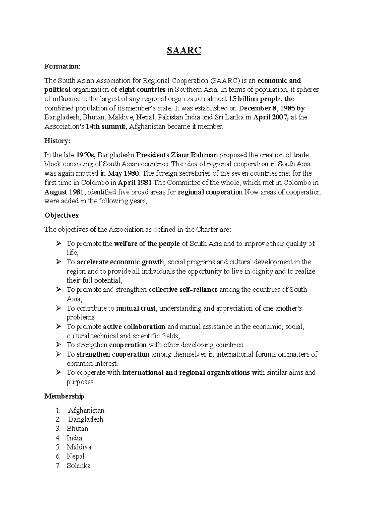 South asian association cooperation - SAARC Formation: The South Asian ...