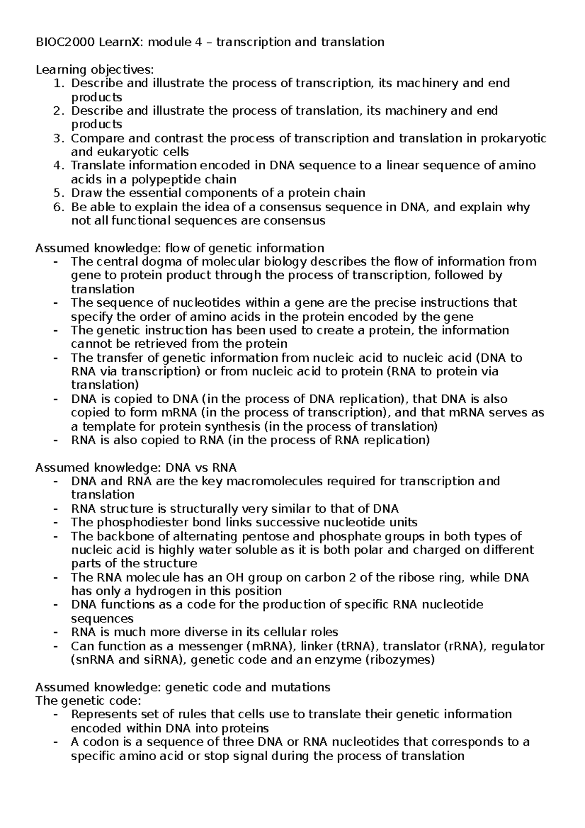 BIOC2000 Learn X - module 4 - BIOC2000 LearnX: module 4 – transcription and translation Learning ...