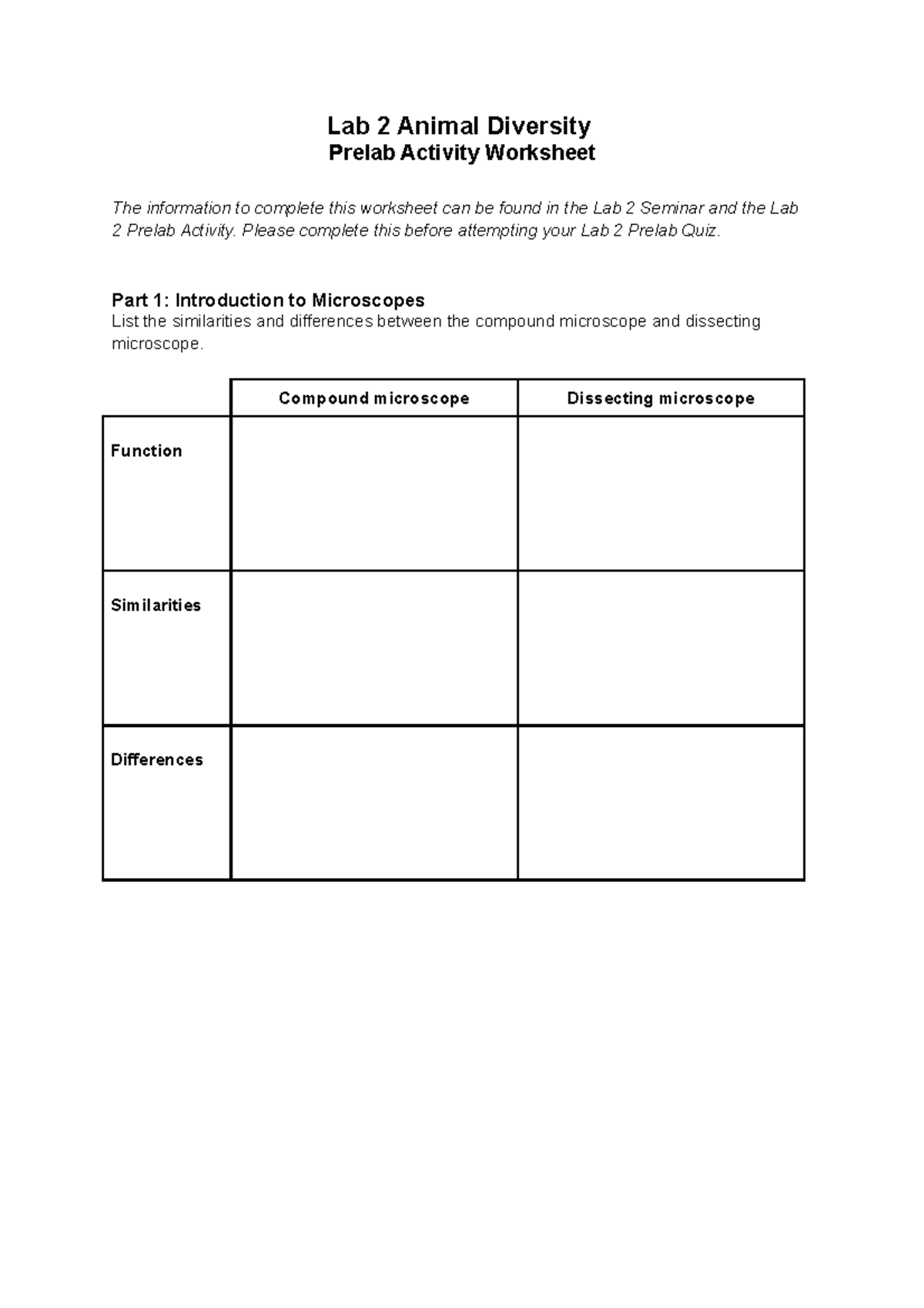 BIO1022 - Lab 2 Prelab Activity Worksheet - Lab 2 Animal Diversity ...