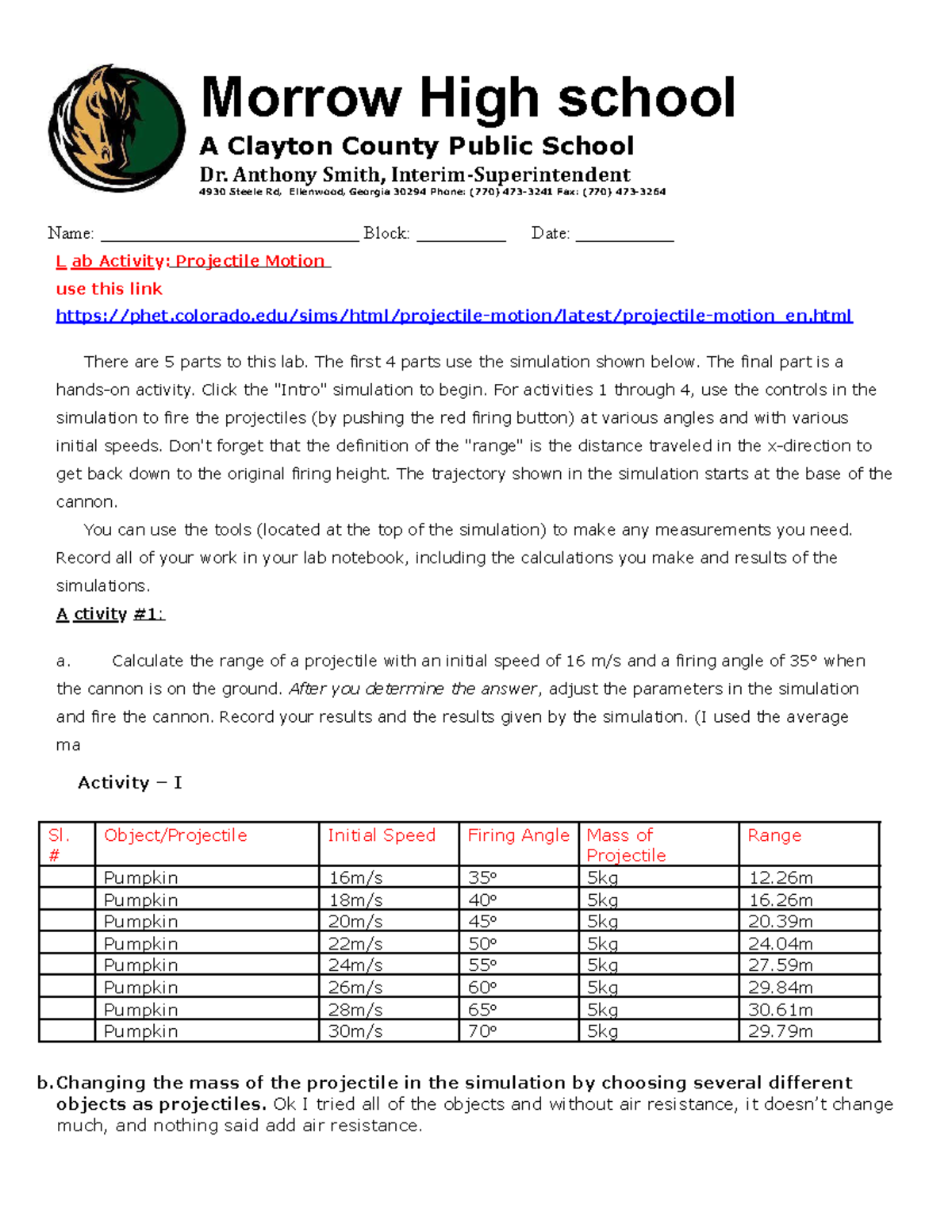 Projectile Motion - Virtual lab Handout-1 - Morrow High school A ...