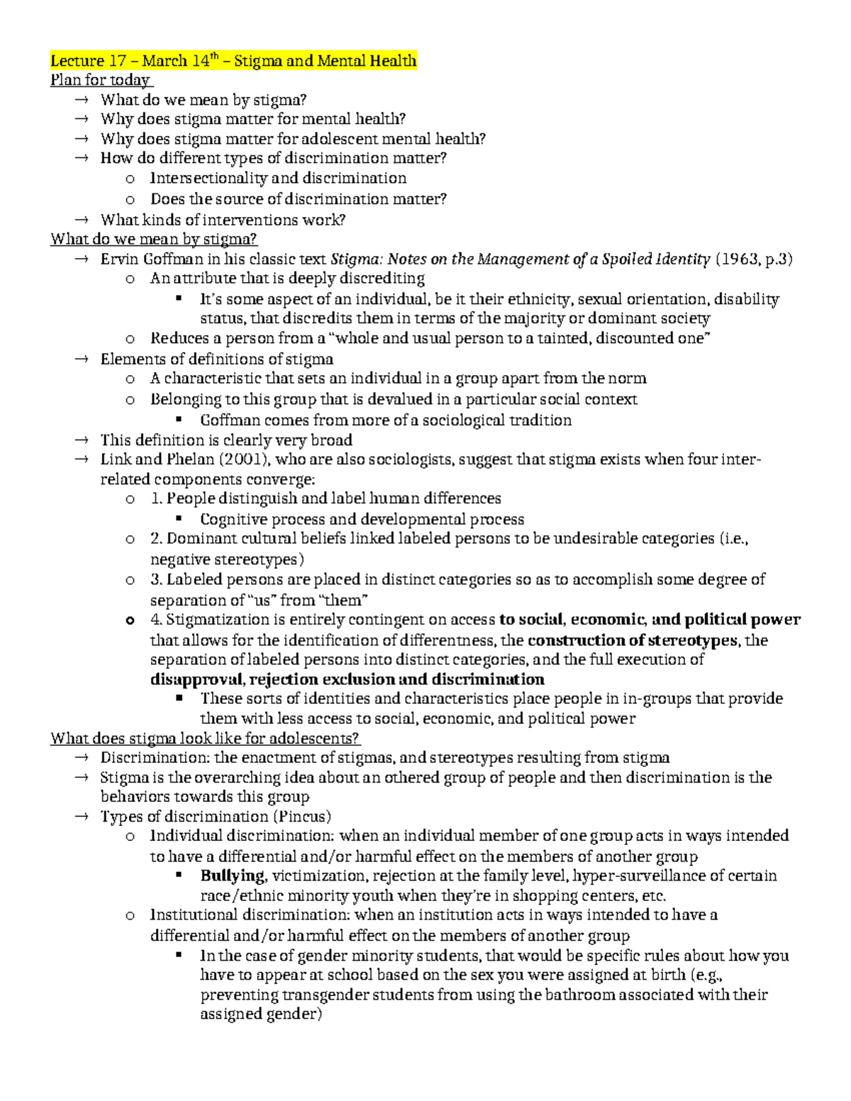 Lecture 17 PSYC 412 - Notes - Lecture 17 – March 14th – Stigma and ...