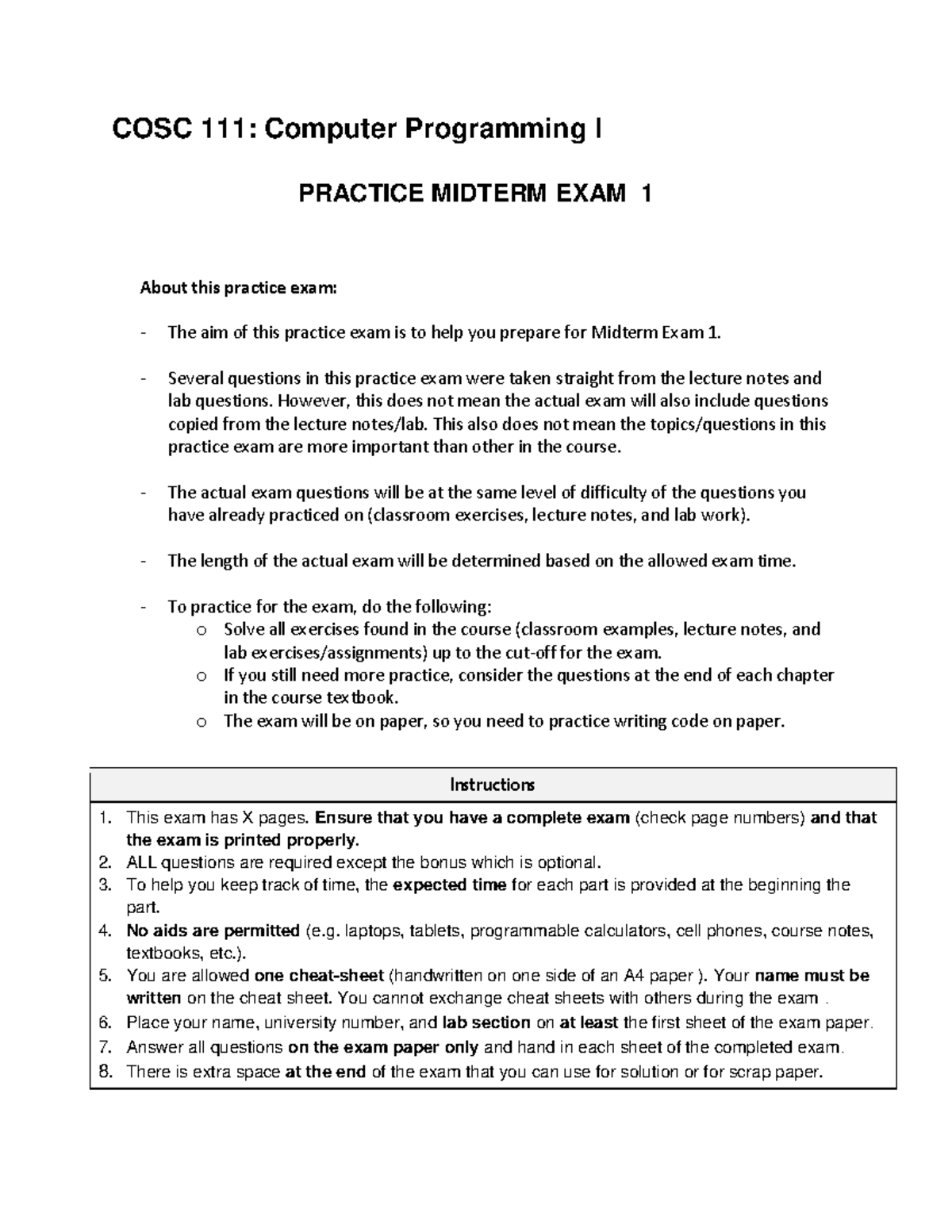Practice Midterm 1 Soln-1 - COSC 111 : Computer Programming I PRACTICE MIDTERM EXAM 1 About this ...