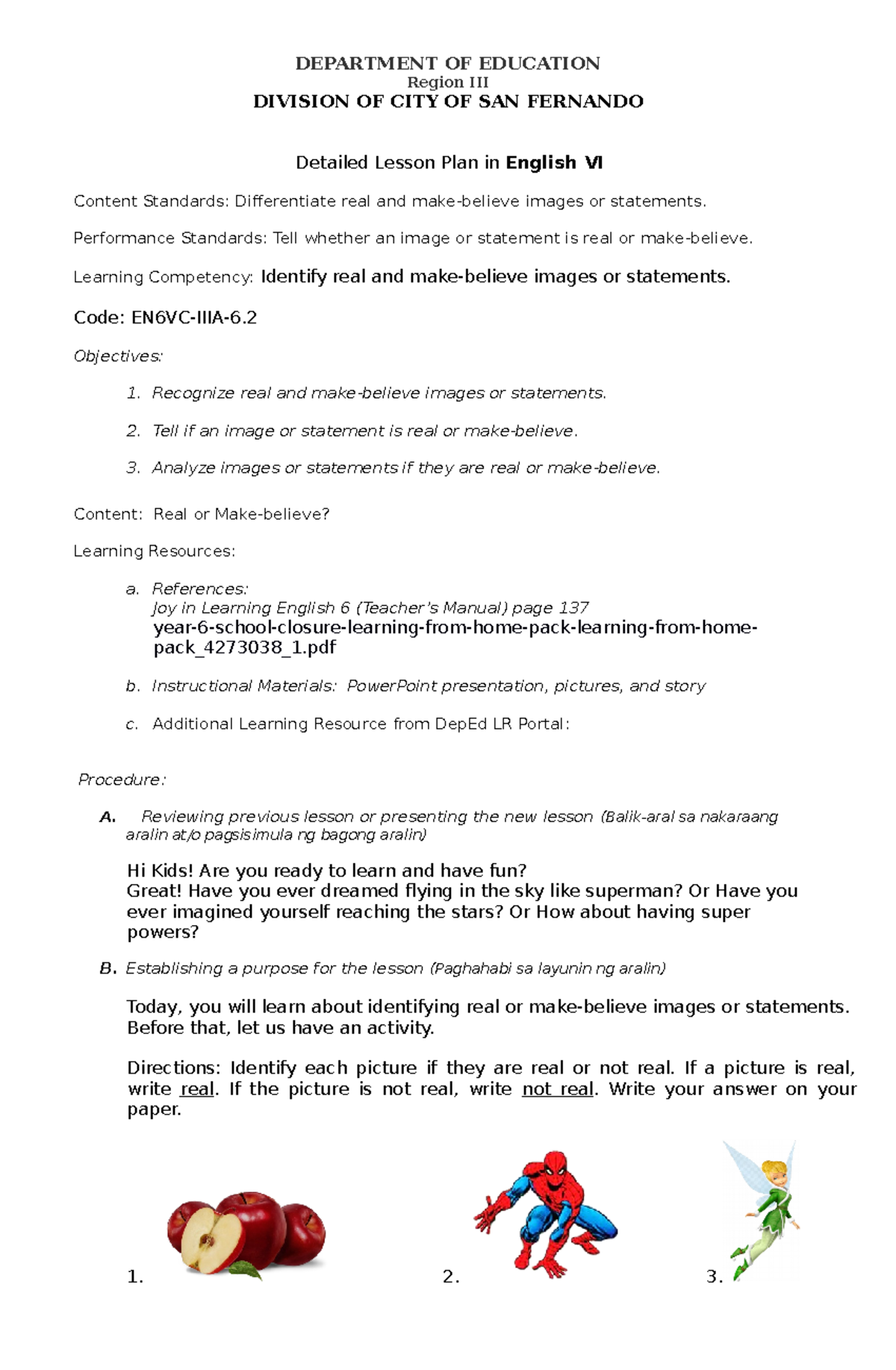 English grade six lesson plan - DEPARTMENT OF EDUCATION Region III ...