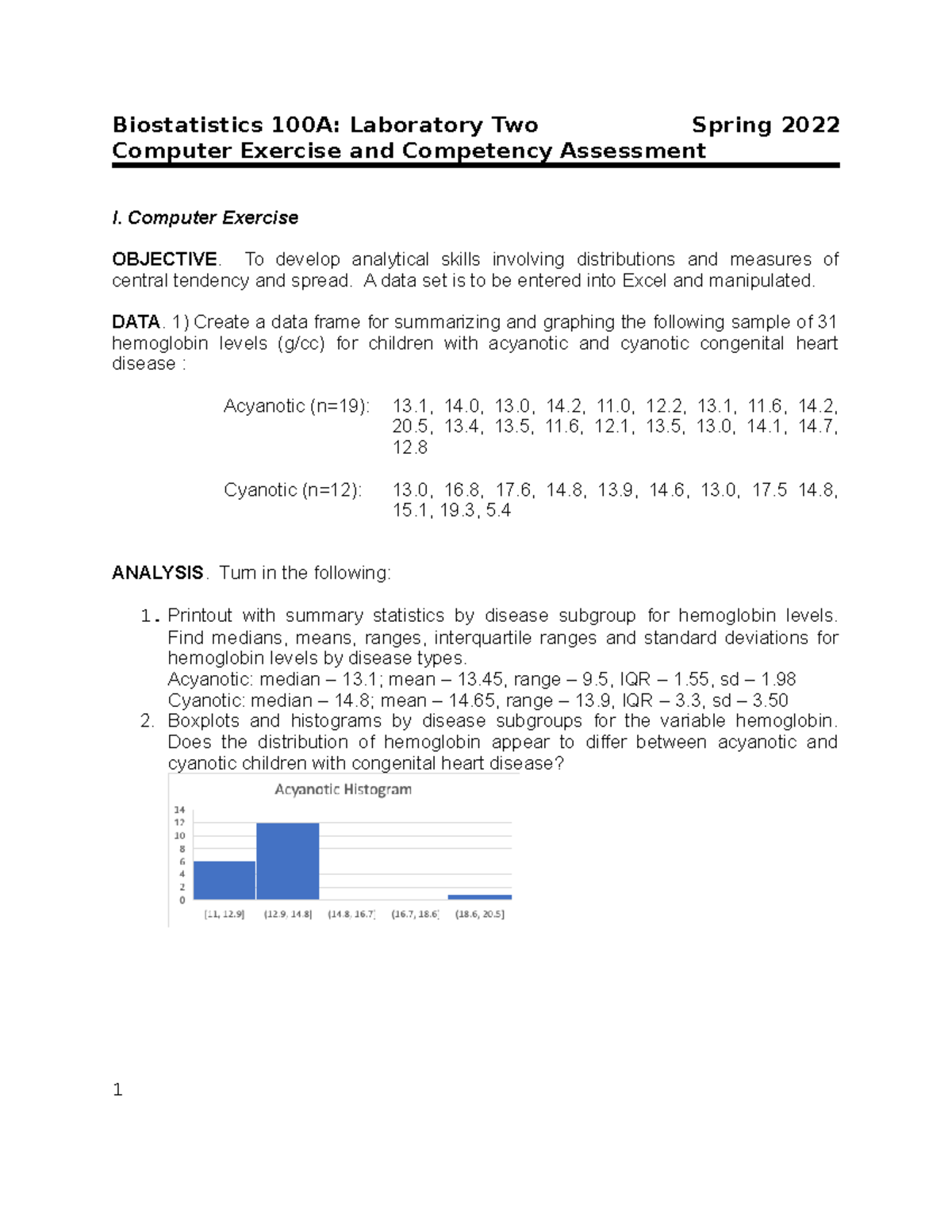 Biostat 100A Lab 2 - Computer Exercise and Competency Assessment I. Computer Exercise OBJECTIVE ...