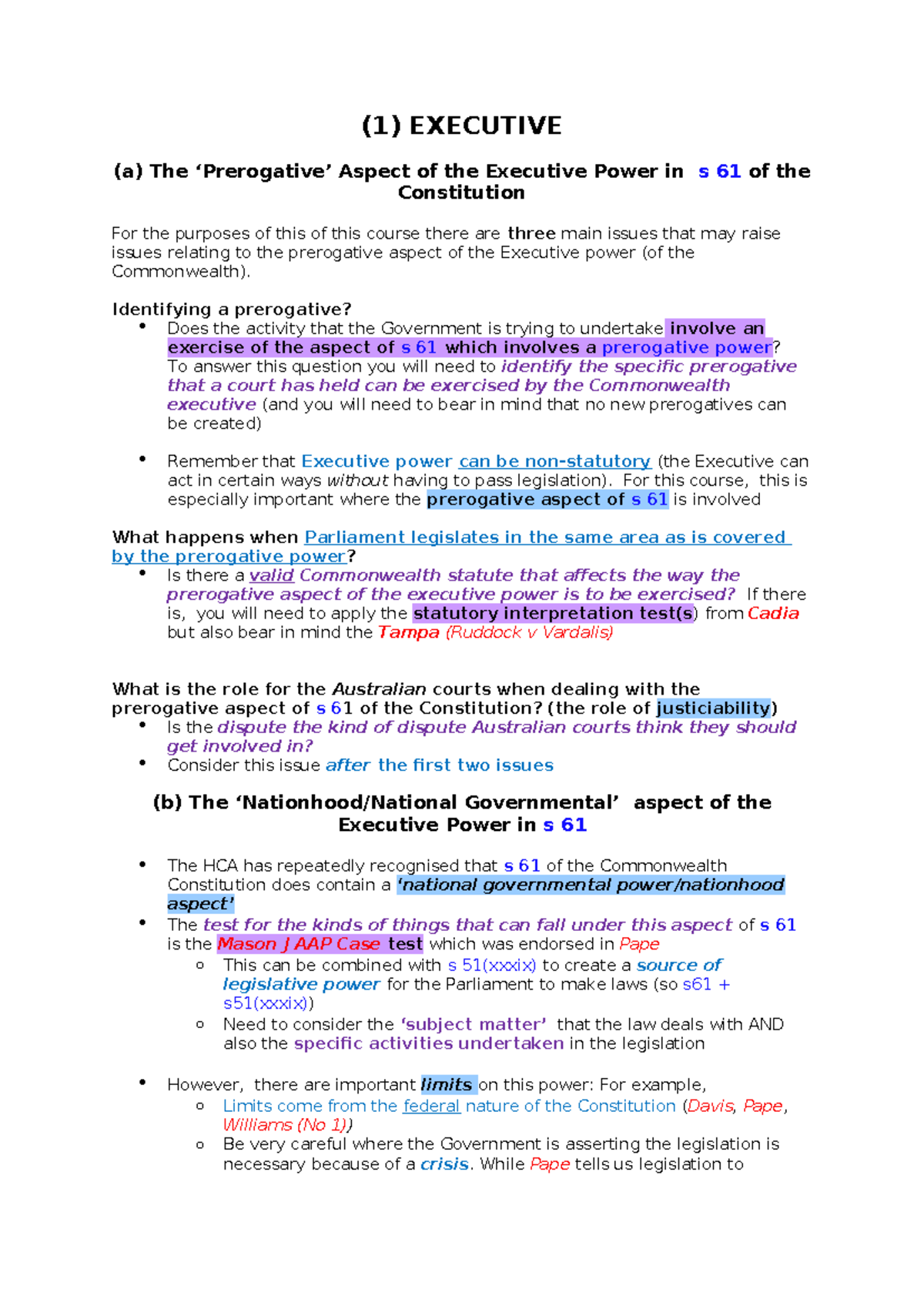 APL Revision Lecture Notes - (1) EXECUTIVE (a) The ‘Prerogative’ Aspect ...