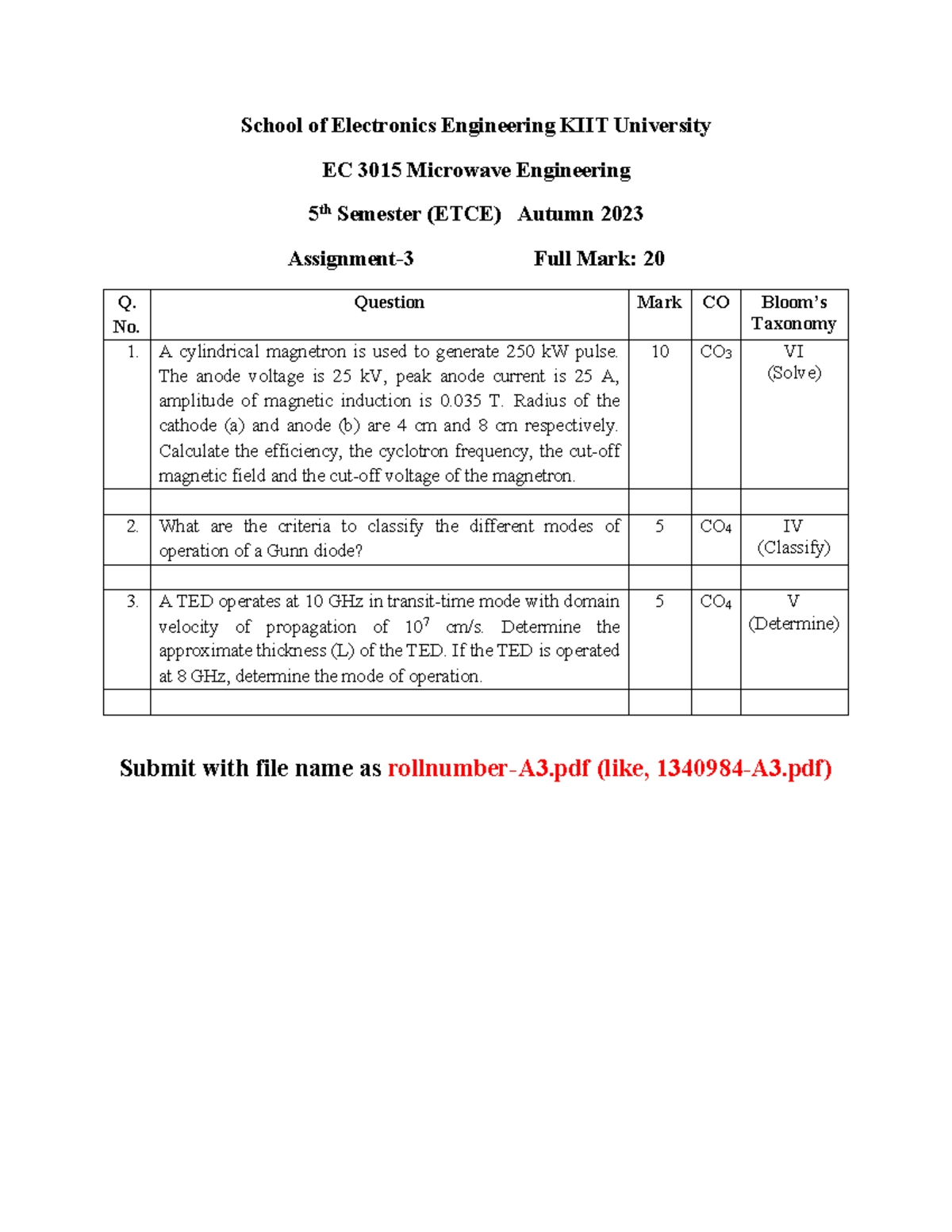 EC3015 MWE-Assignment-3-Autumn 2023 - School of Electronics Engineering KIIT University EC 3015 ...