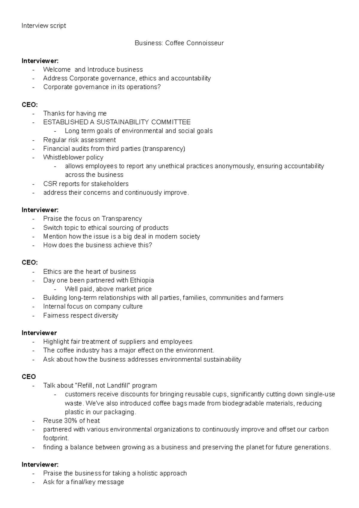 Interview script - Interview script Business: Coffee Connoisseur ...