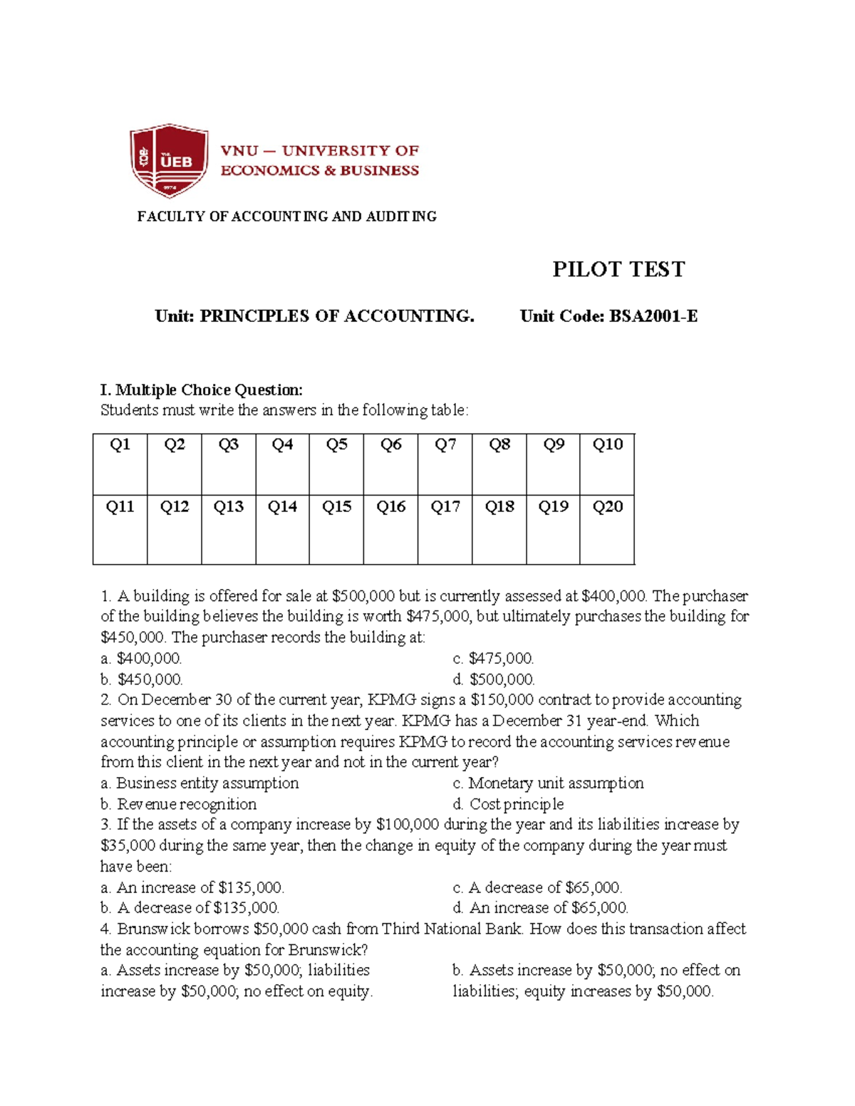 Pilot TEST 2023 - PILOT TEST Unit: PRINCIPLES OF ACCOUNTING. Unit Code ...