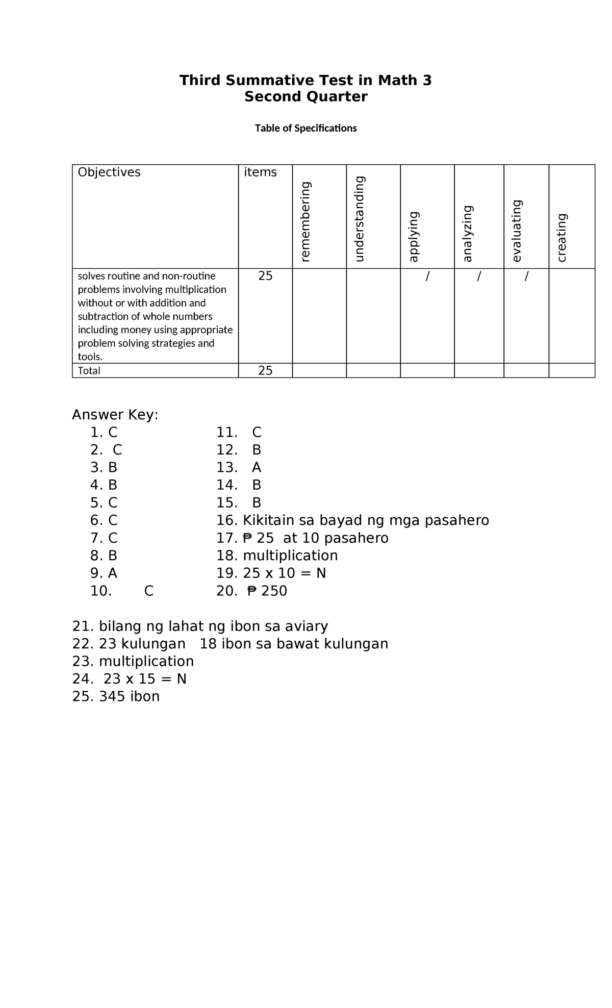 Third Summative Test in Math TOS - Third Summative Test in Math 3 ...
