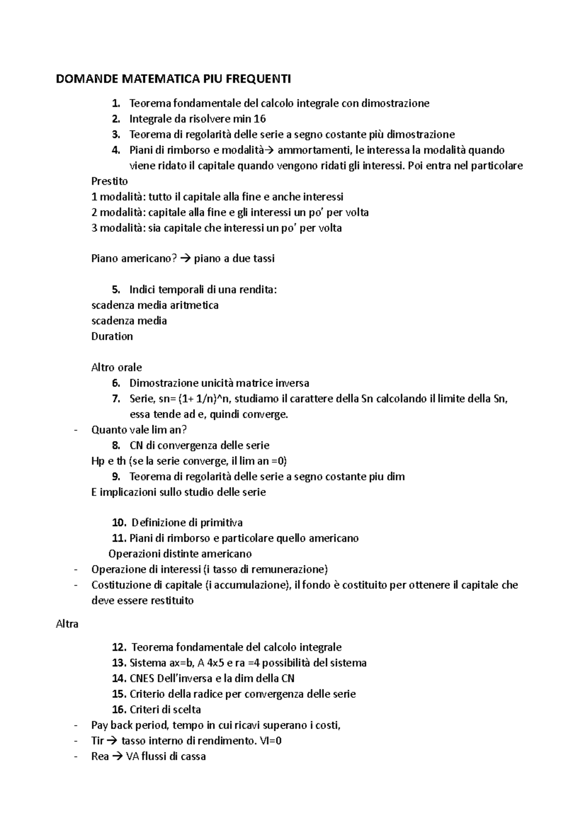 Domande Matematica PIU Frequenti orale - DOMANDE MATEMATICA PIU ...