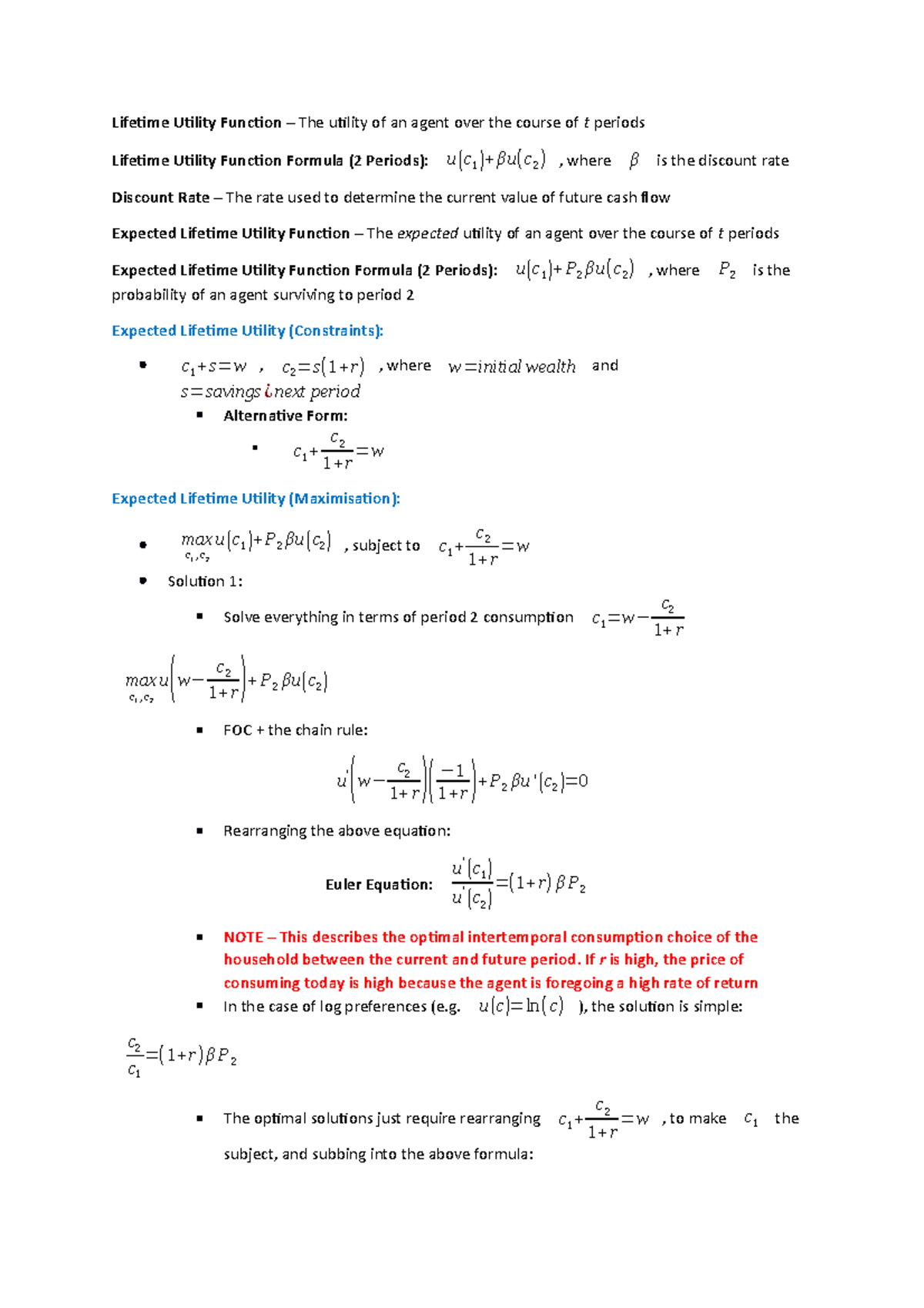 Economic Policy Analysis Topic 2 Notes - Lifetime Utility Function ...