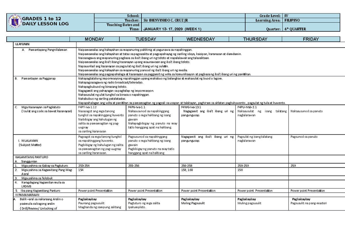 Filipino 4 Q4 W1 DLL - GOOD - GRADES 1 to 12 DAILY LESSON LOG School ...