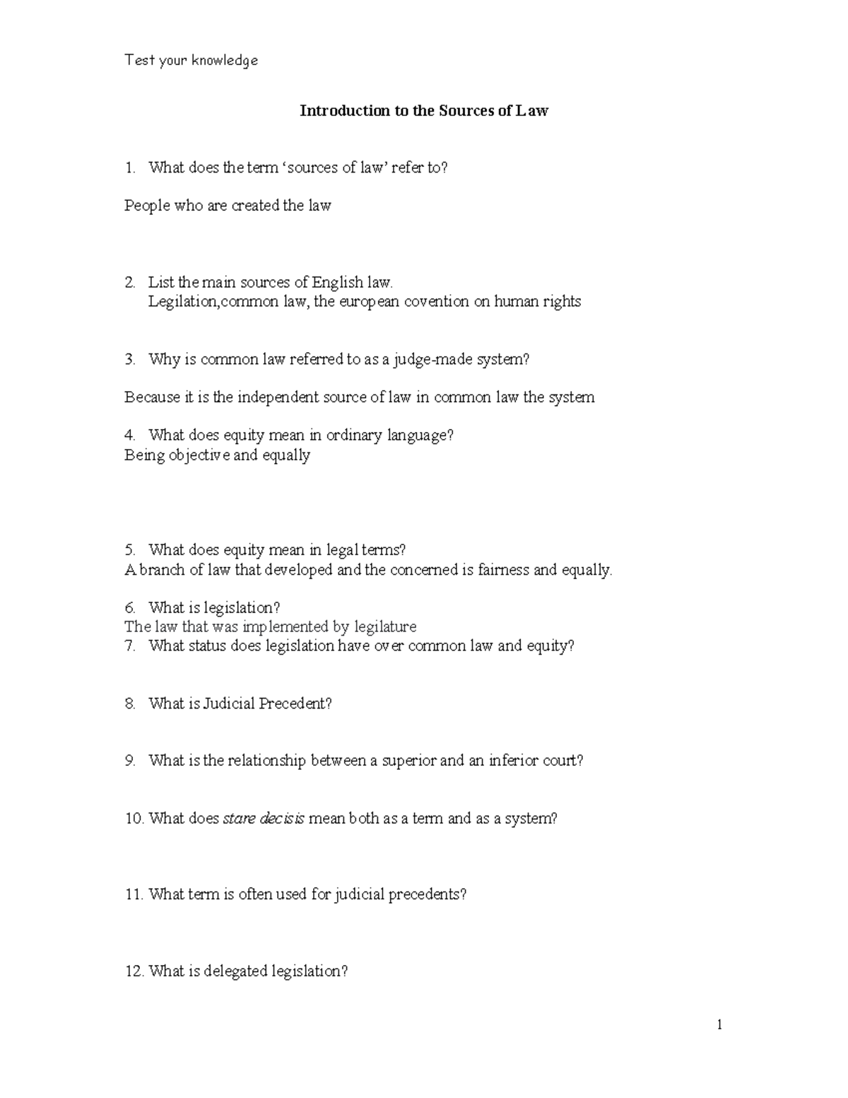 Sources Of Law Worksheet - Test your knowledge Introduction to the ...