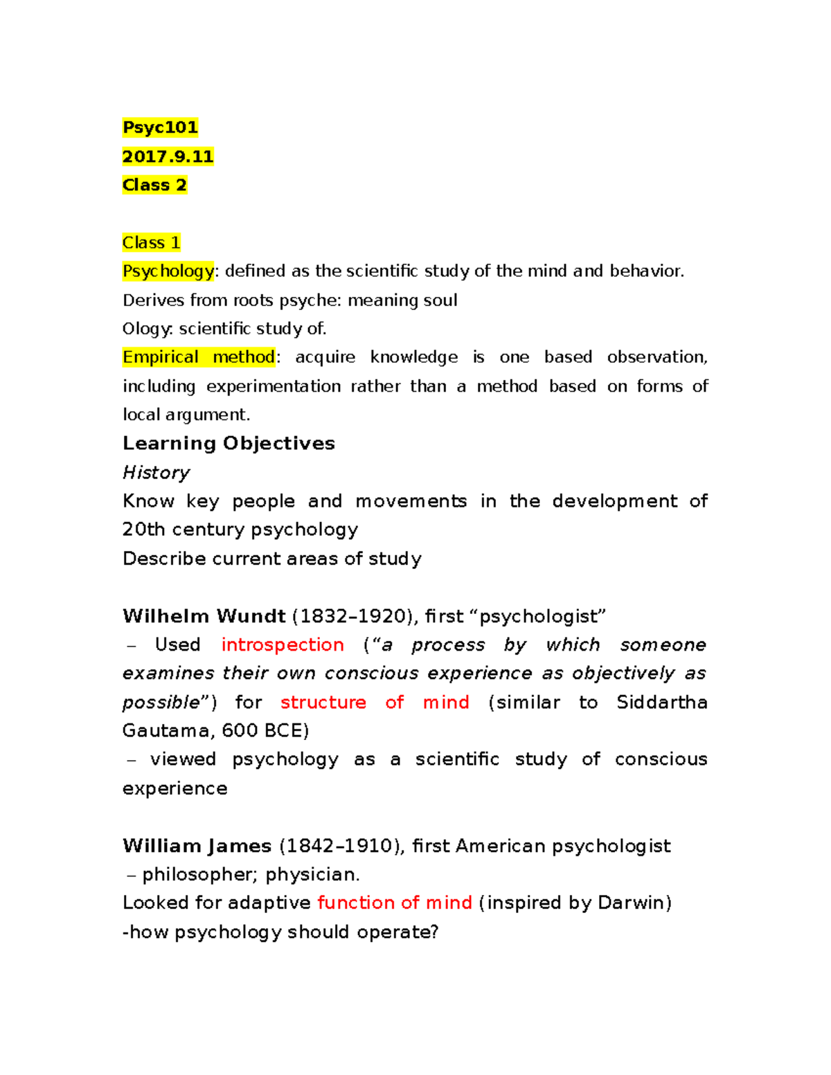 chapter 1 and 2 lecture - Psyc101 2017.9 Class 2 Class 1 Psychology ...