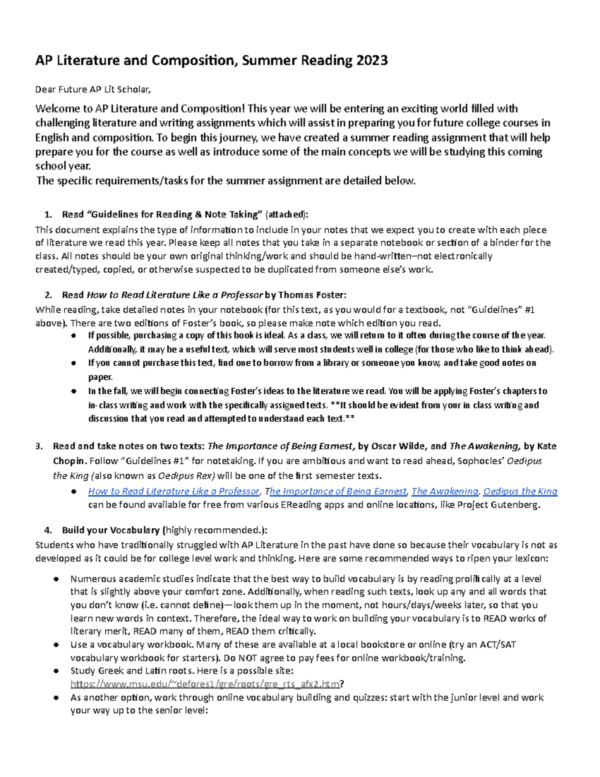 Summer Reading 2023 - AP Literature and Composion, Summer Reading 2023 ...