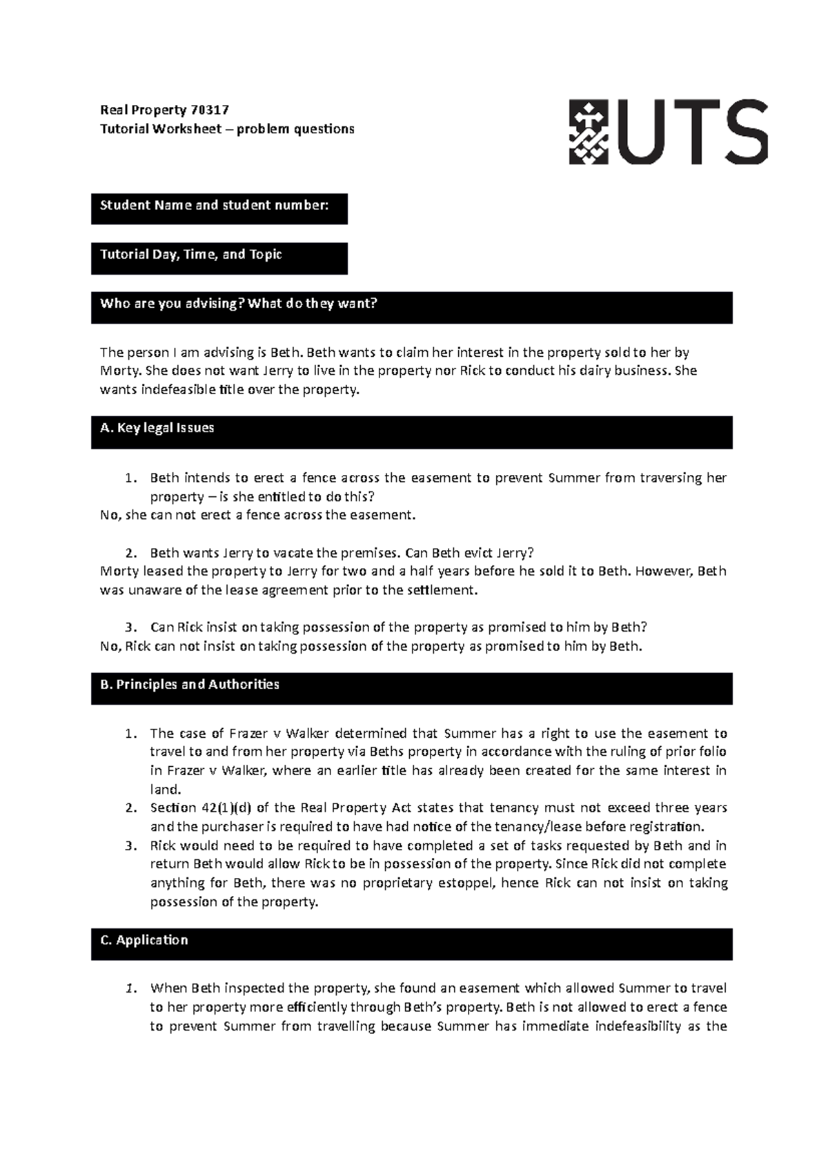 Tutorial week 3 - Real Property 70317 Tutorial Worksheet – problem ...