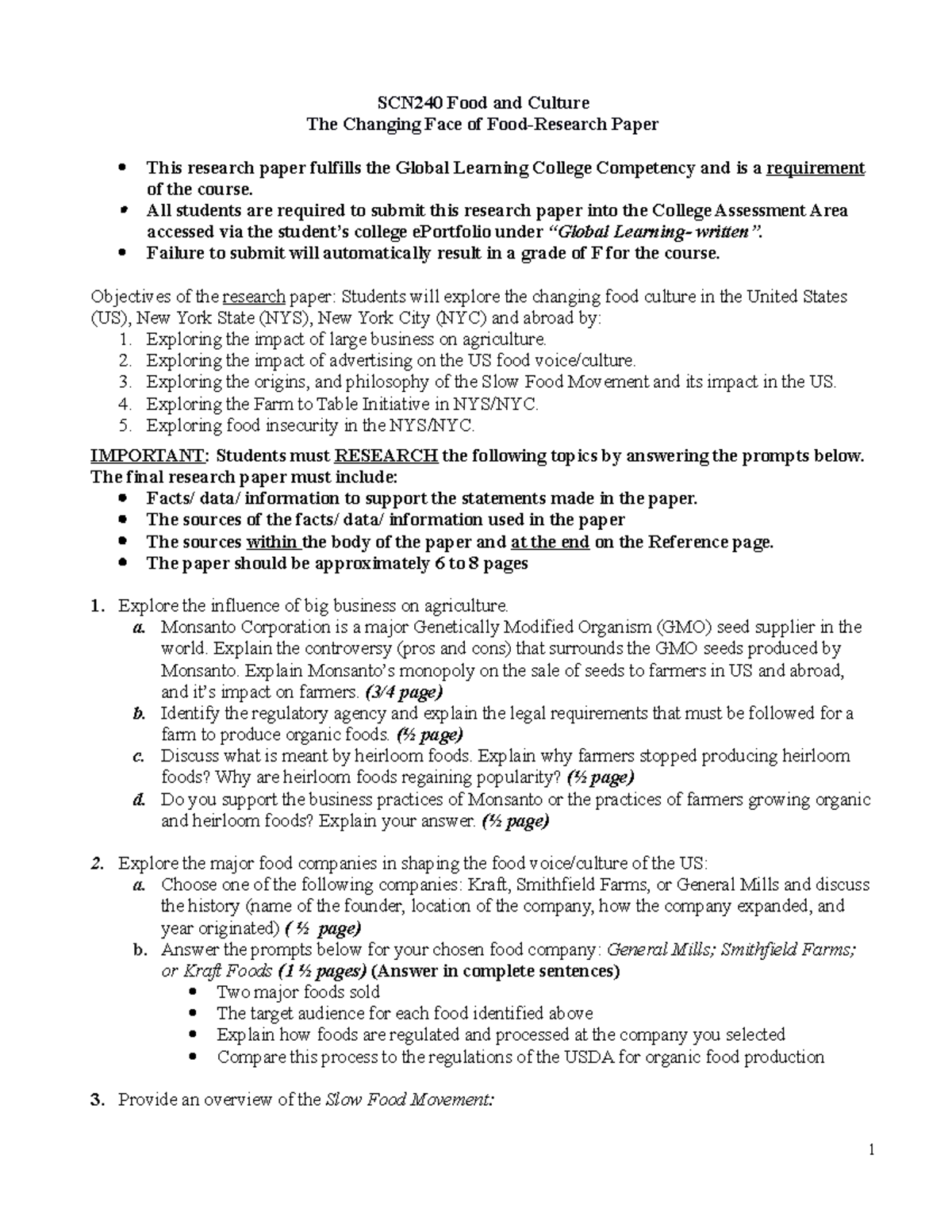 SCN240 Research PAper - SCN240 Food and Culture The Changing Face of ...