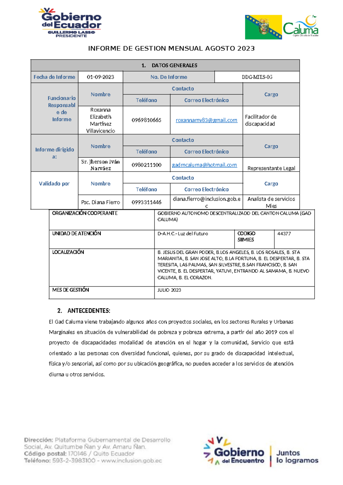 Informe Agosto 2023 - modelo - INFORME DE GESTION MENSUAL AGOSTO 2023 1 ...