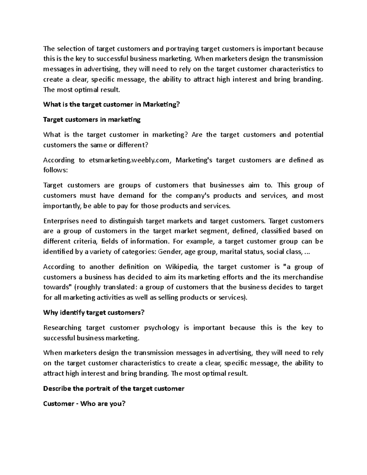 Customer Definition of Marketing Objectives - The selection of target ...