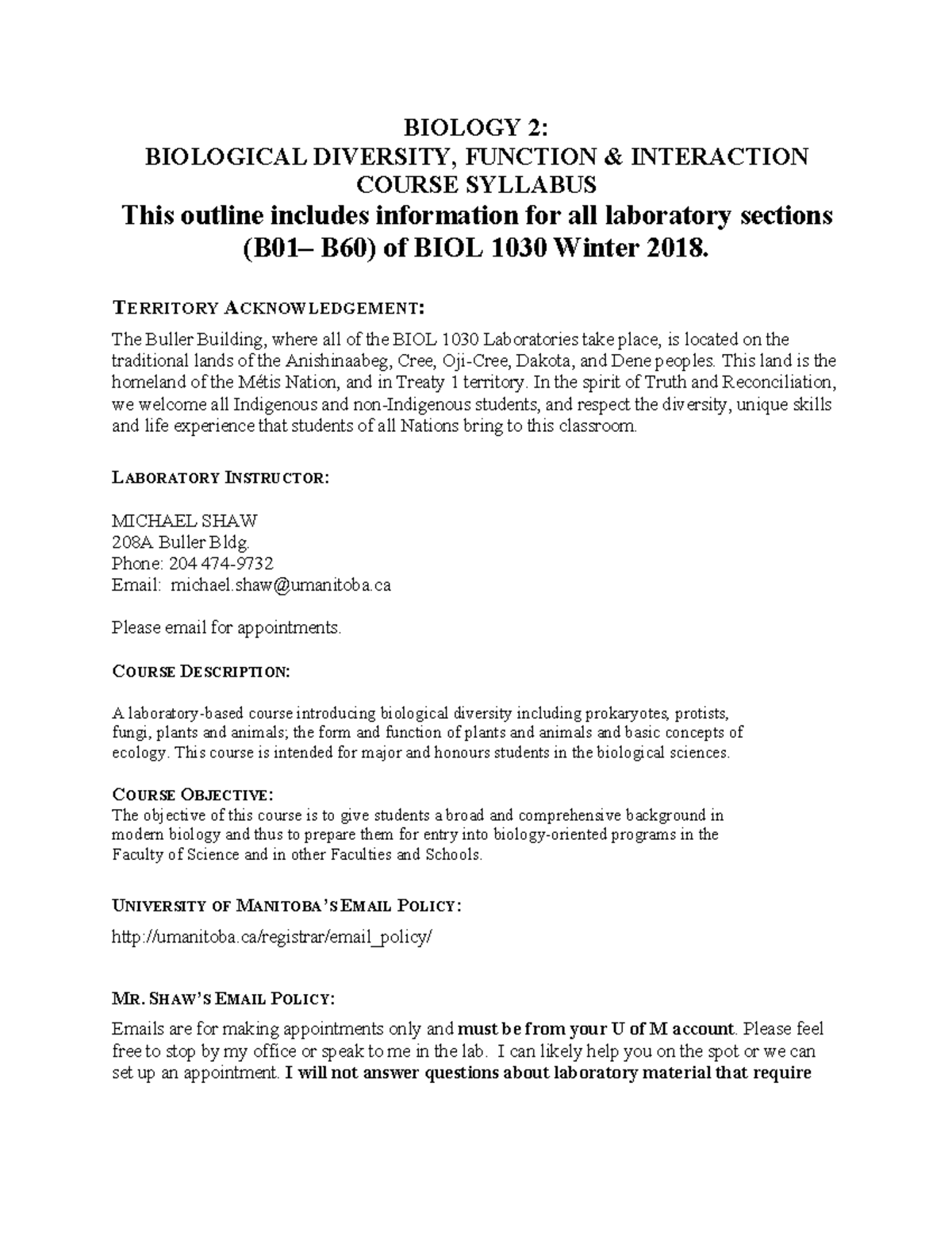 BIOL 1030 Laboratory Course Outline Winter 2019 - BIOLOGY 2: BIOLOGICAL ...