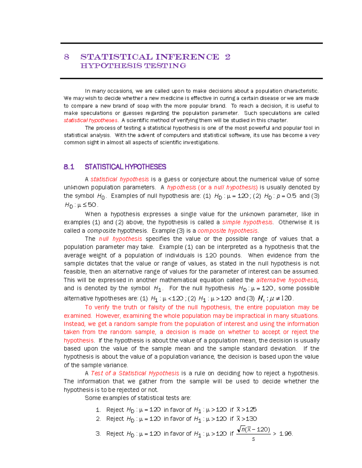 Chap8 Statistical Inference Ii Lecture 8 Statistical Inference 2 Hypothesis Testing In Many